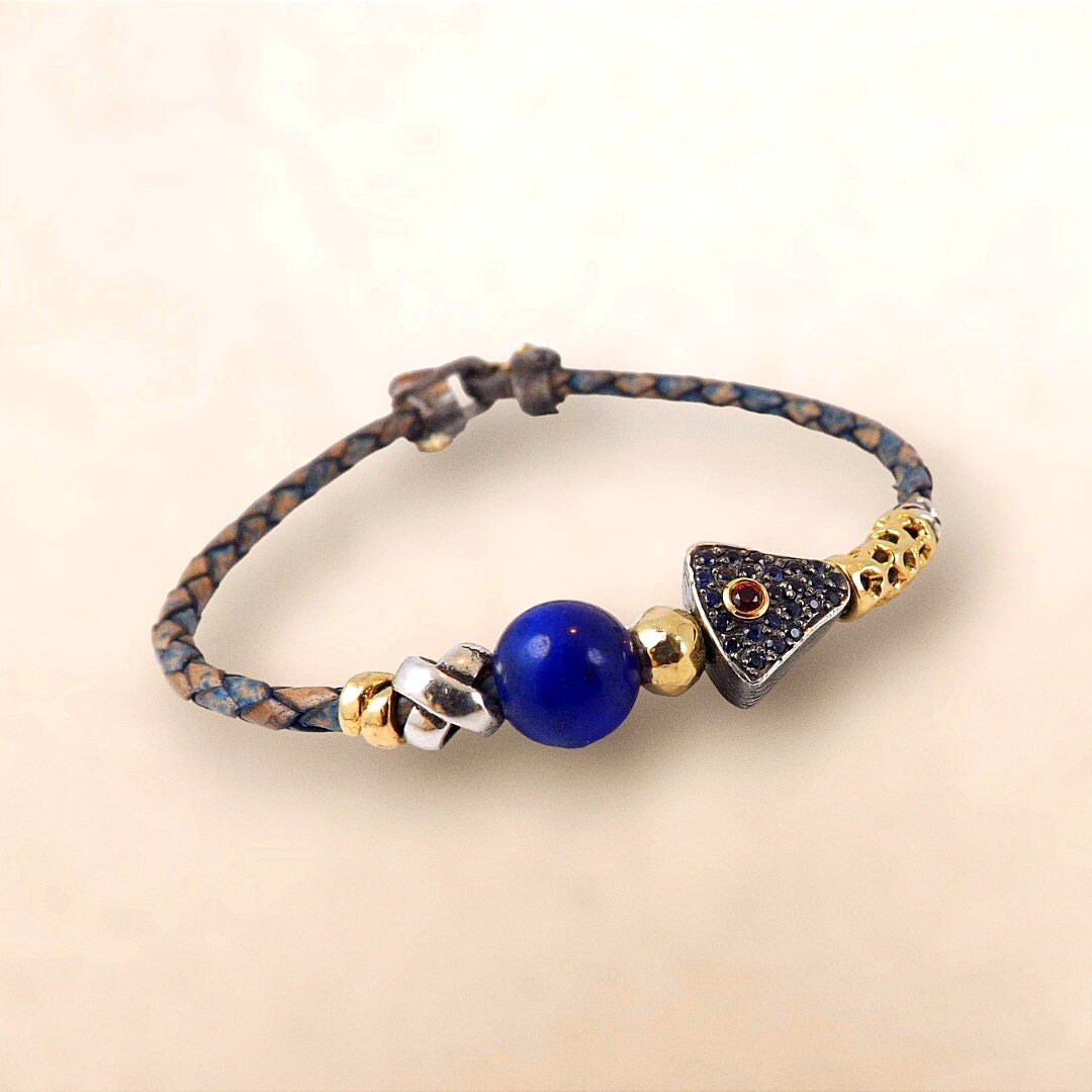 Sapphire and Lapis Leather Bracelet, Mixed Metal Bracelet, 14K Gold and ...