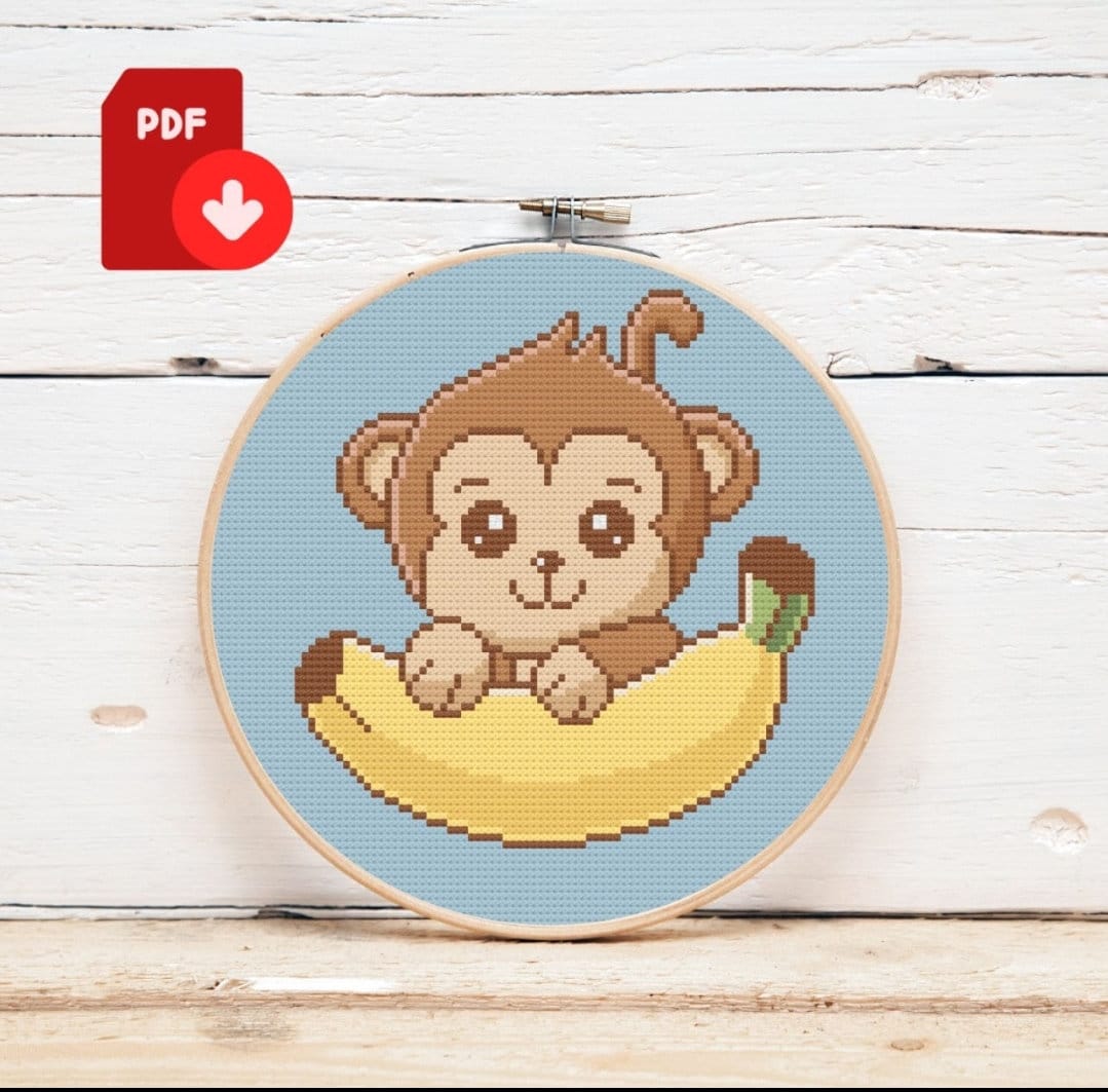Monkey Cross Stitch Pattern Banana Cross Stitch Pattern Counted Cross Stitch Animal Cross Stitch ...
