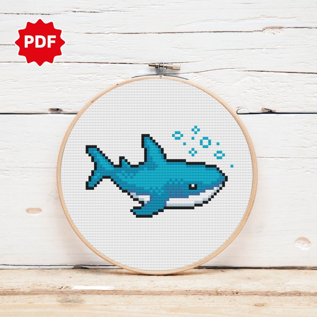 Blue Shark Cross Stitch Pattern Shark Cross Stitch Pattern Fish Cross ...