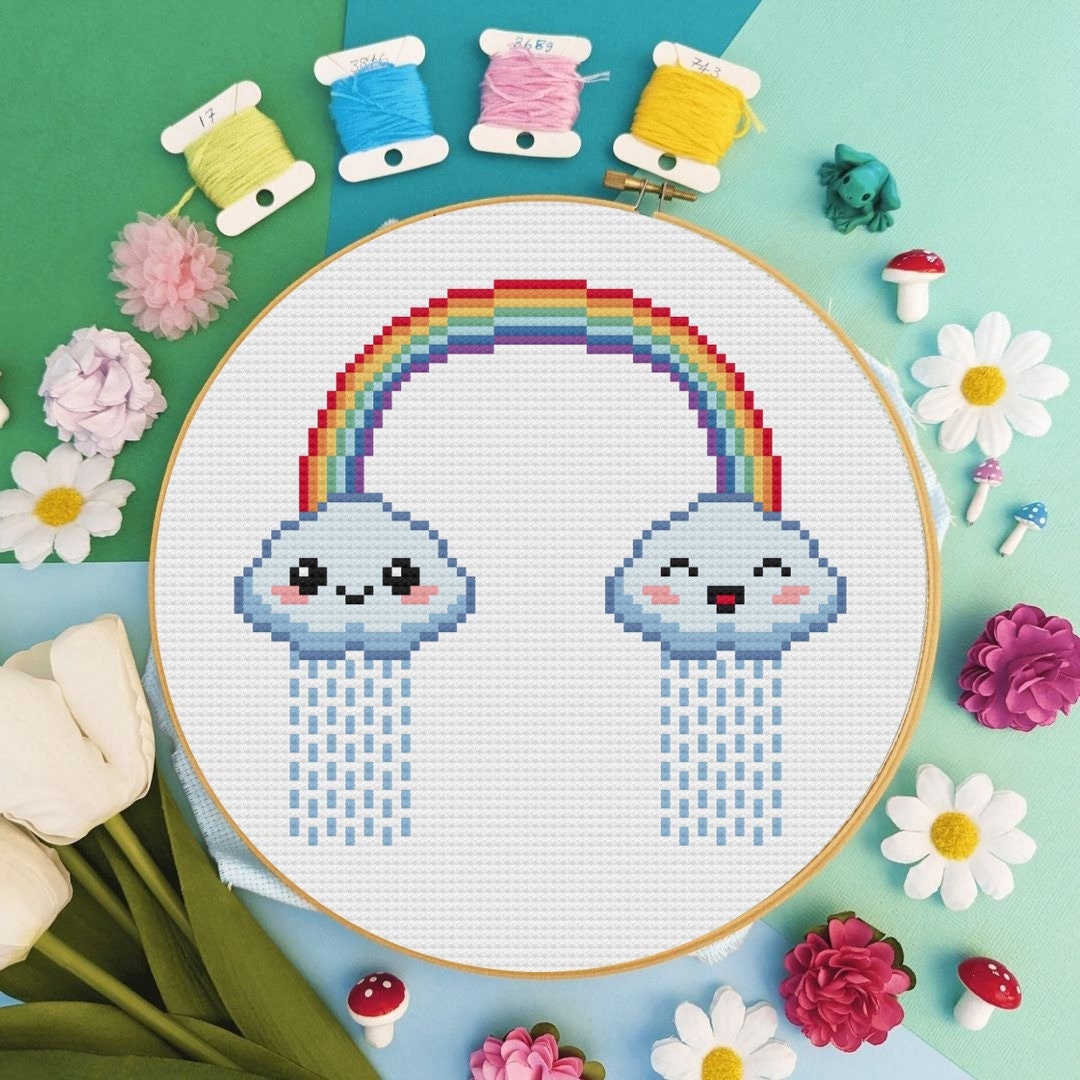 Rainbow Cross Stitch Pattern | Cloud Cross Stitch Pattern | Rain Cross ...