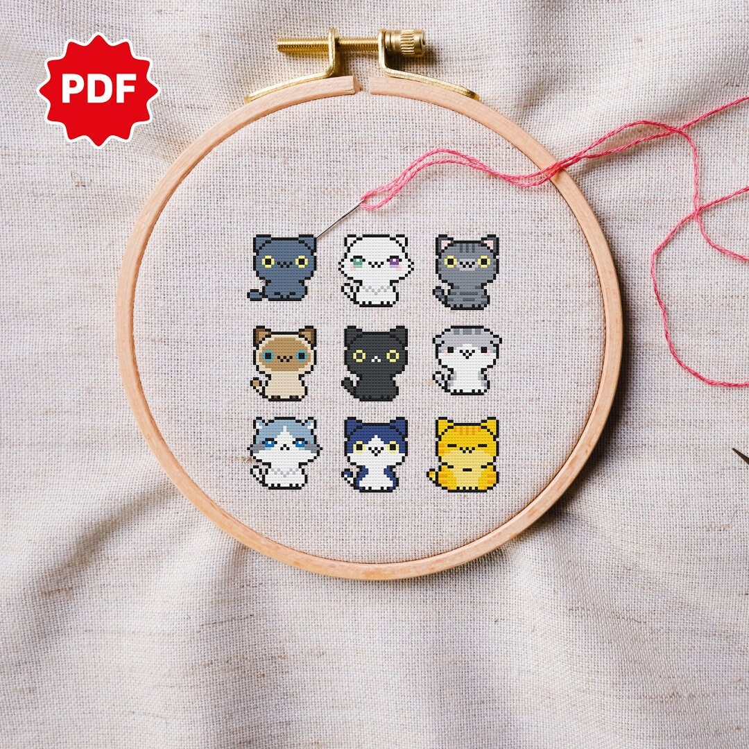 Cat Cross Stitch Pattern | Set of 9 Cross Stitch Pattern | Small Cross ...