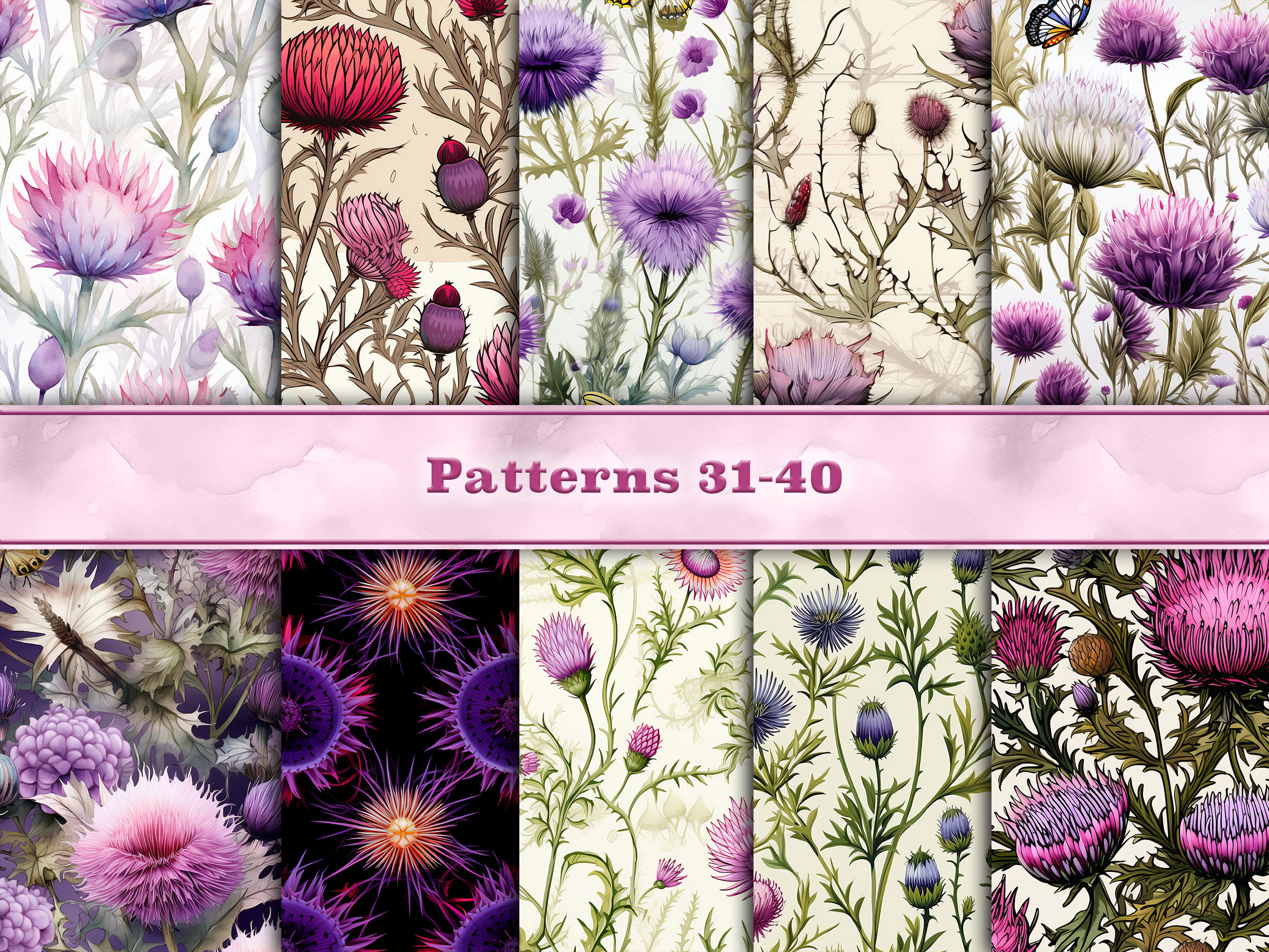 Thistle Flower Digital Paper: Scotland Floral Pattern (PNG, 50 Seamless ...
