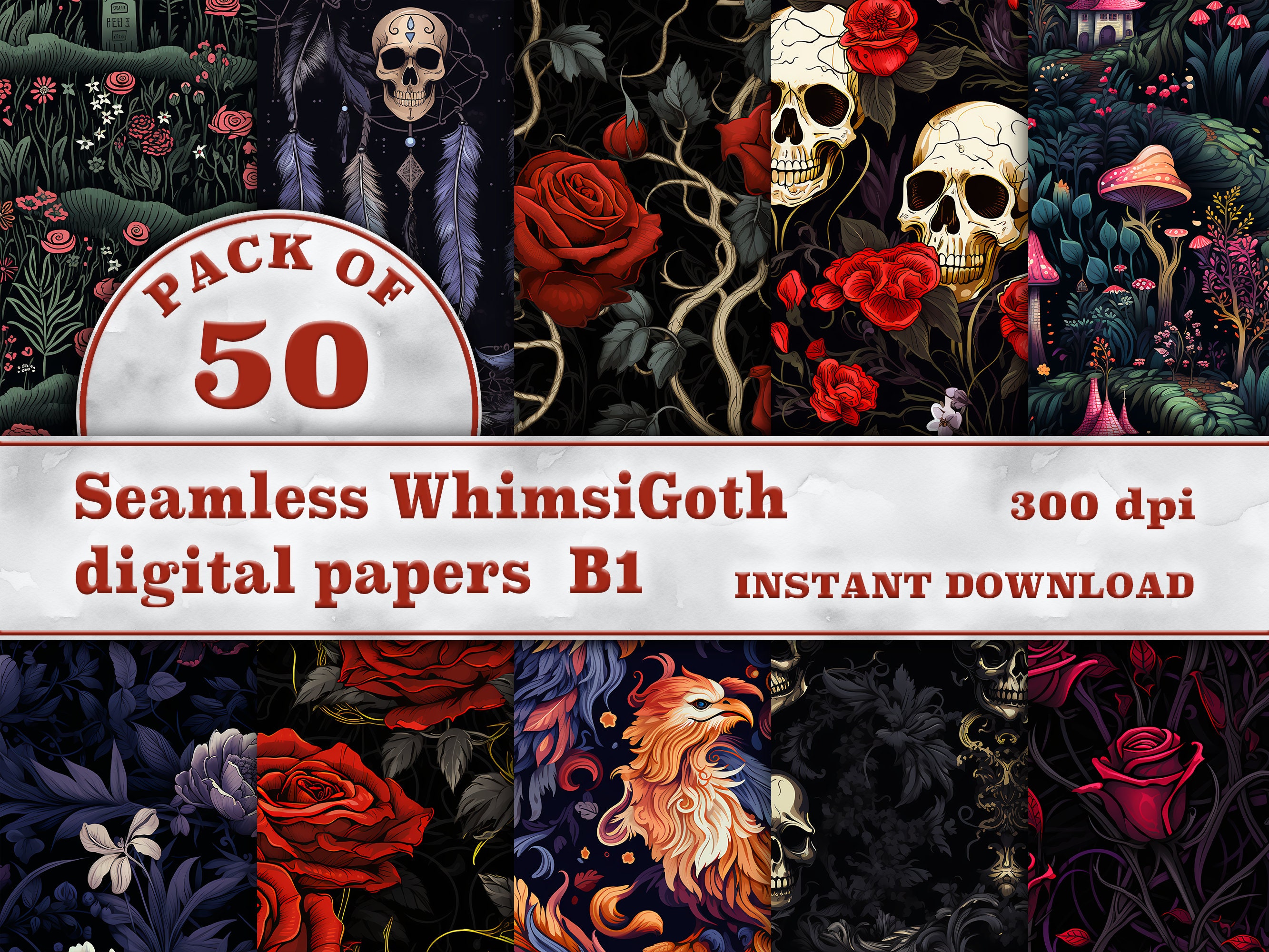 50 Whimsigoth Digital Paper, Whimsical Goth Seamless Pattern, Goth ...