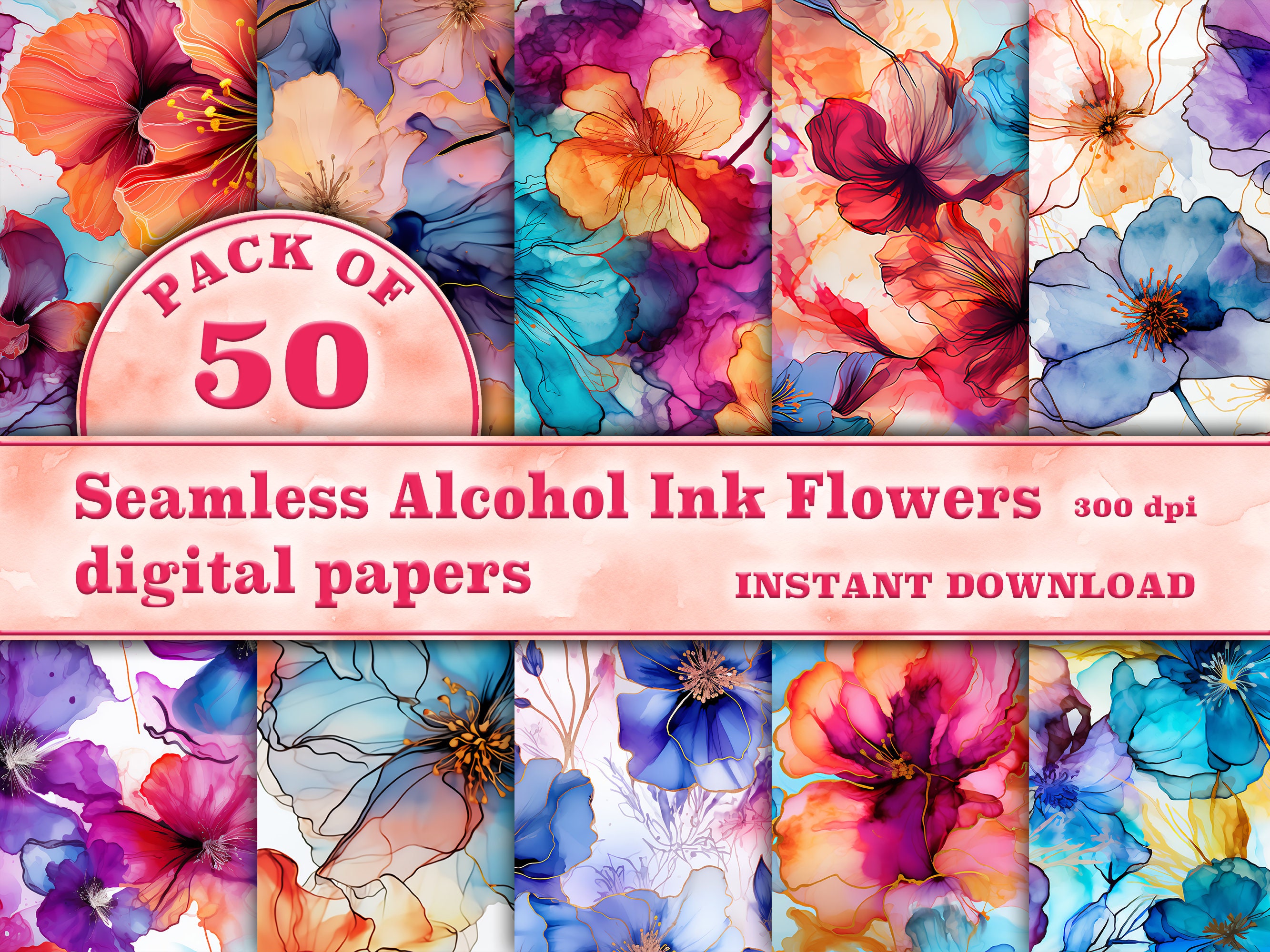 50 Alcohol Ink Flowers Digital Paper: Seamless Floral Patterns (PNG) - Etsy