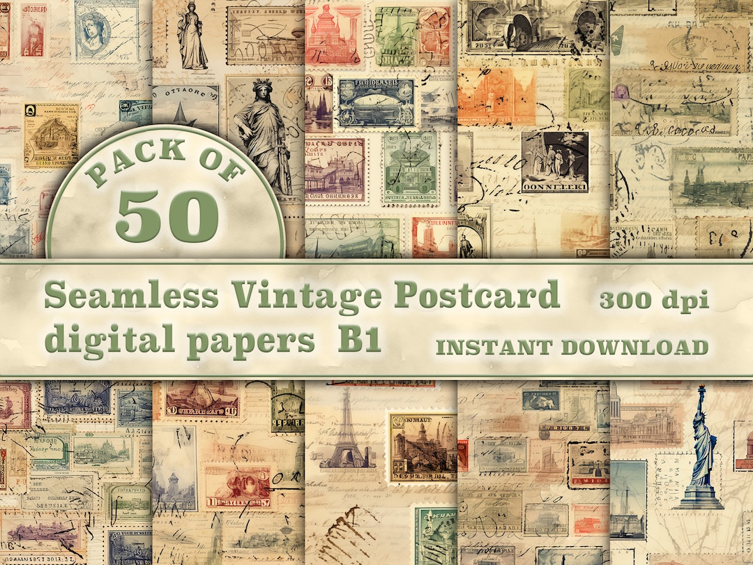 50 Vintage Postcards Digital Paper, Vintage Mail Sticker Seamless ...