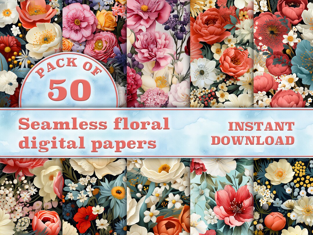 50 Flowers Digital Paper, Flowers Seamless Pattern, Floral Prints ...