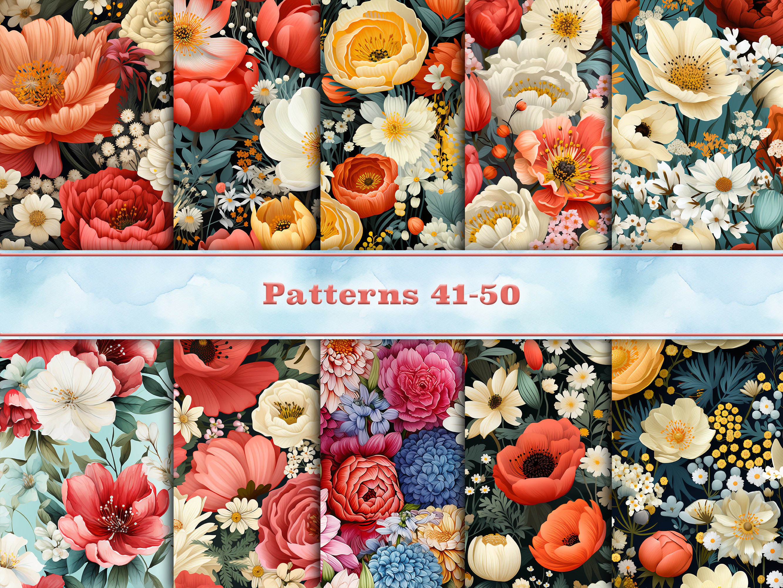 50 Flowers Digital Paper, Flowers Seamless Pattern, Floral Prints ...