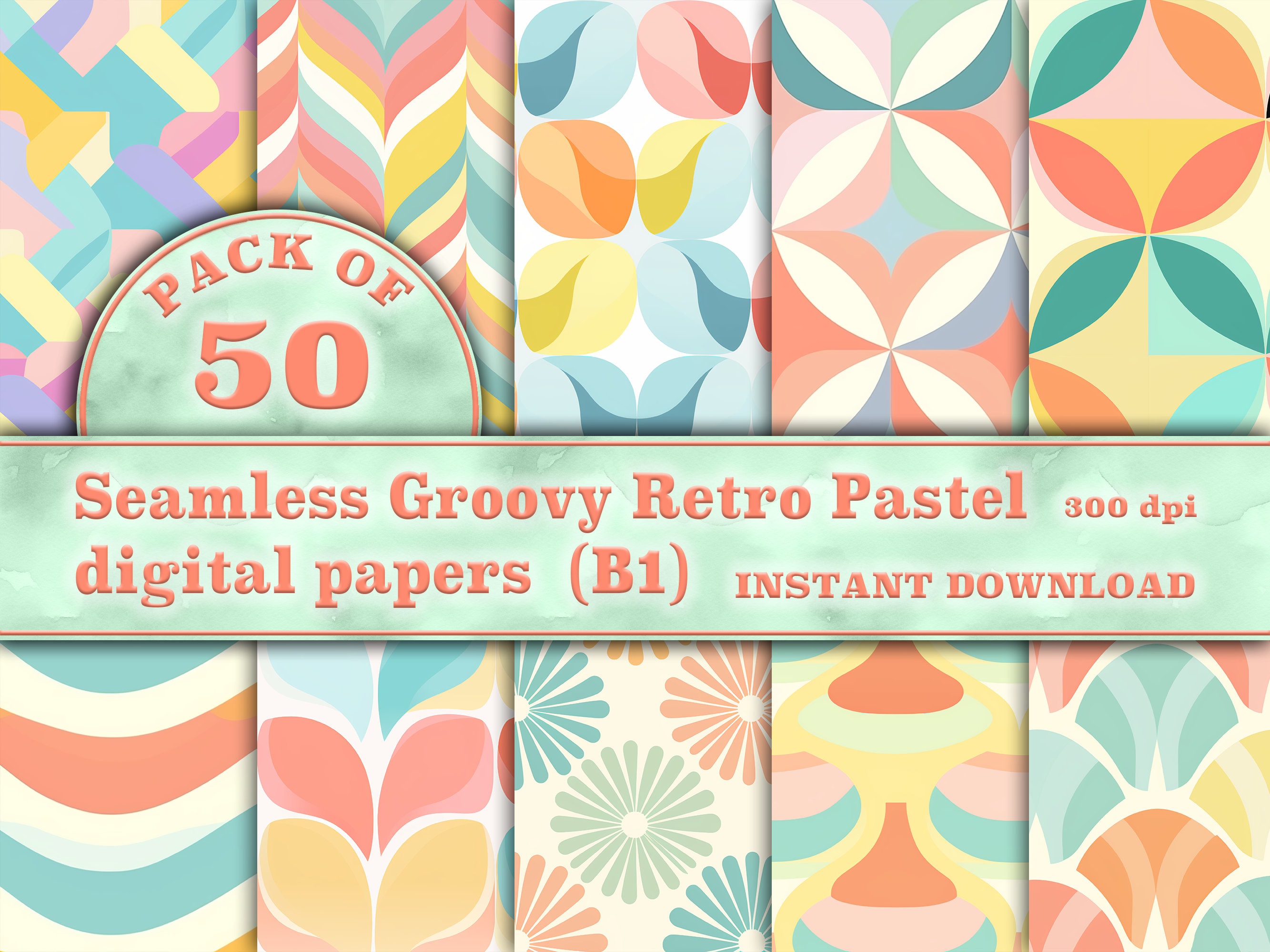 50 Groovy Retro Pastel Digital Paper, Retro Seamless Pattern, Pastel ...