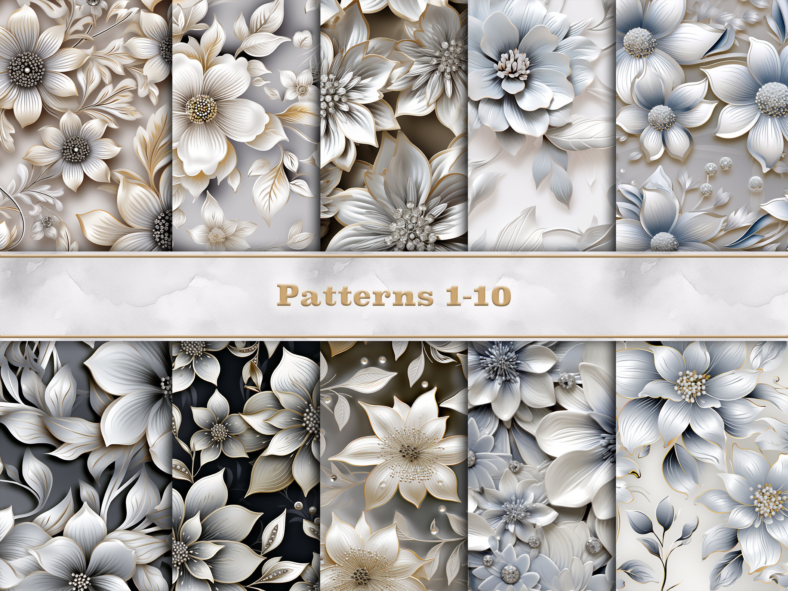 50 Silver Flowers Digital Paper SEAMLESS Pattern Prints for Personal ...