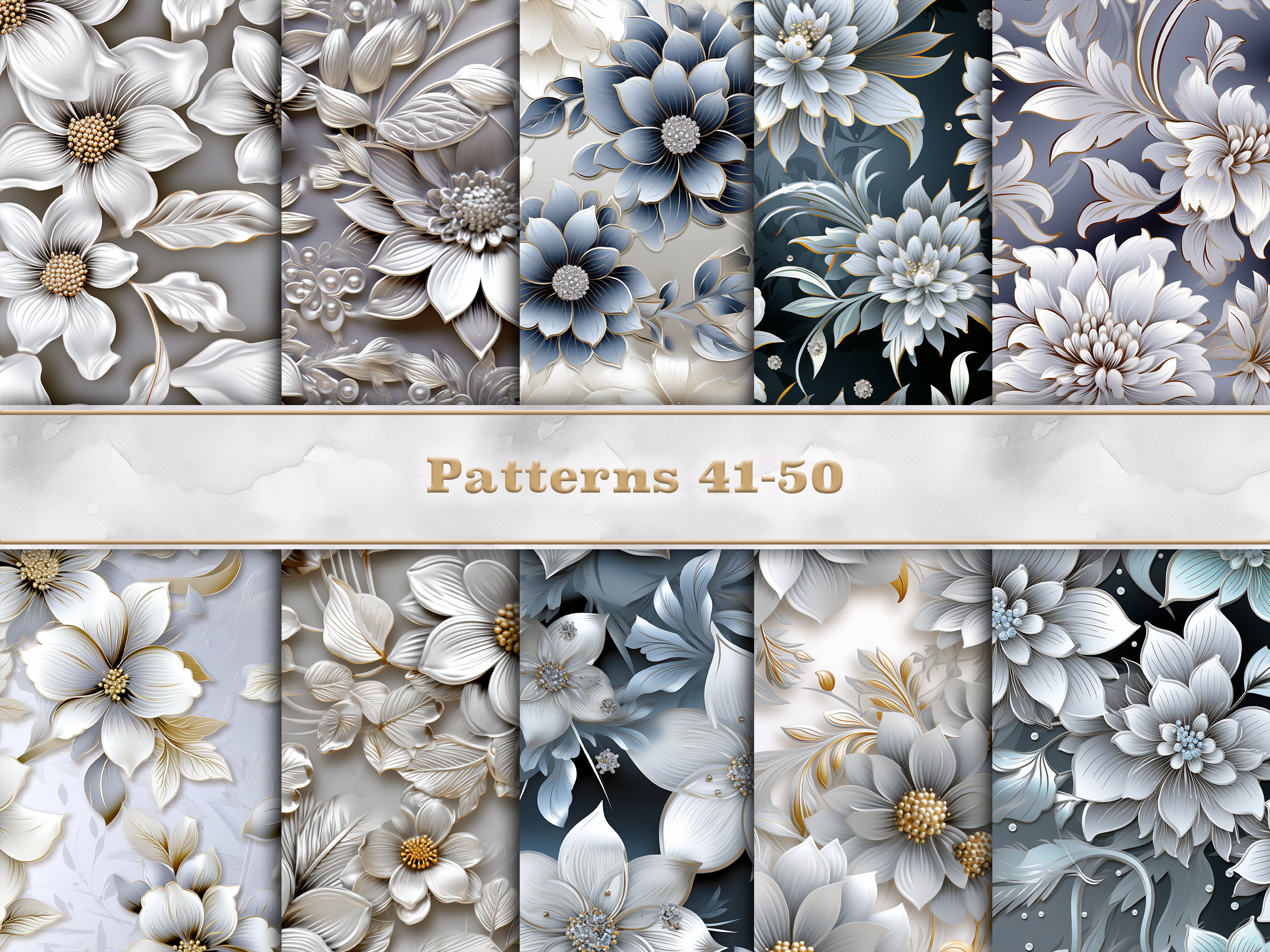 50 Silver Flowers Digital Paper SEAMLESS Pattern Prints for Personal ...