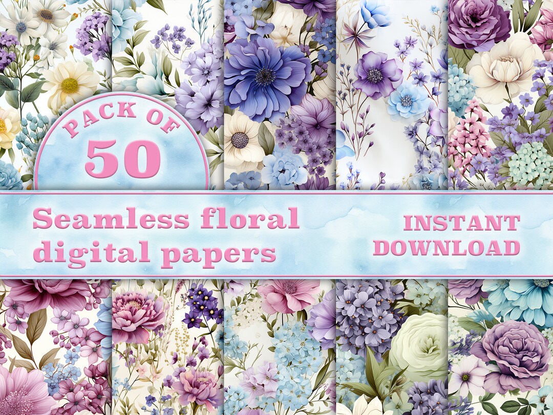 50 Flowers Digital Paper, Flowers Seamless Pattern, Floral Prints ...