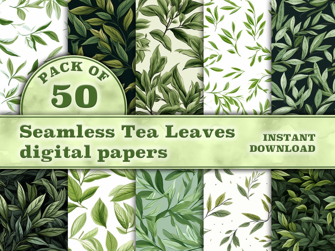 50 Tea Leaves Digital Paper, Tea Leaves Seamless Pattern, Tea Leaves ...