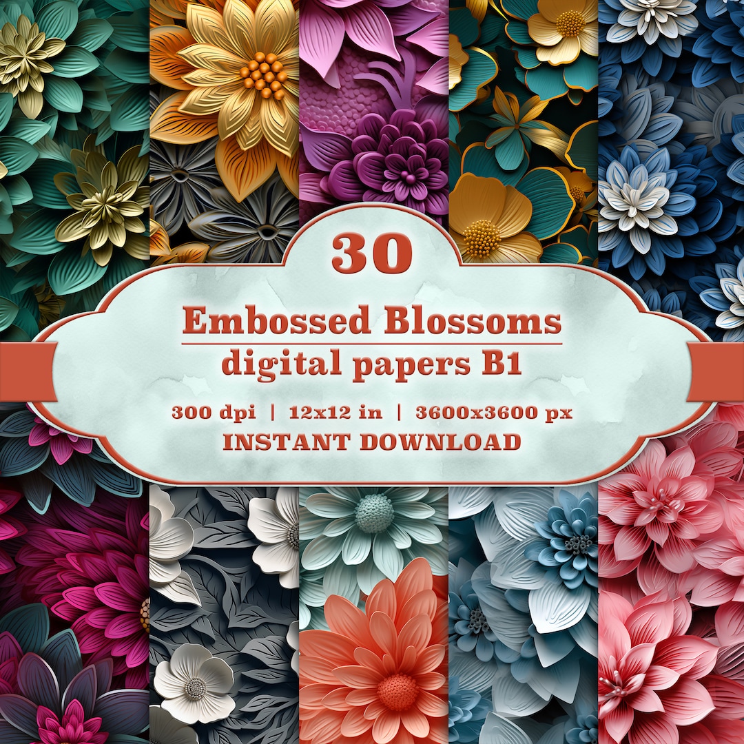 30 Embossed Blossoms Digital Paper, Embossed Flowers Seamless Pattern ...