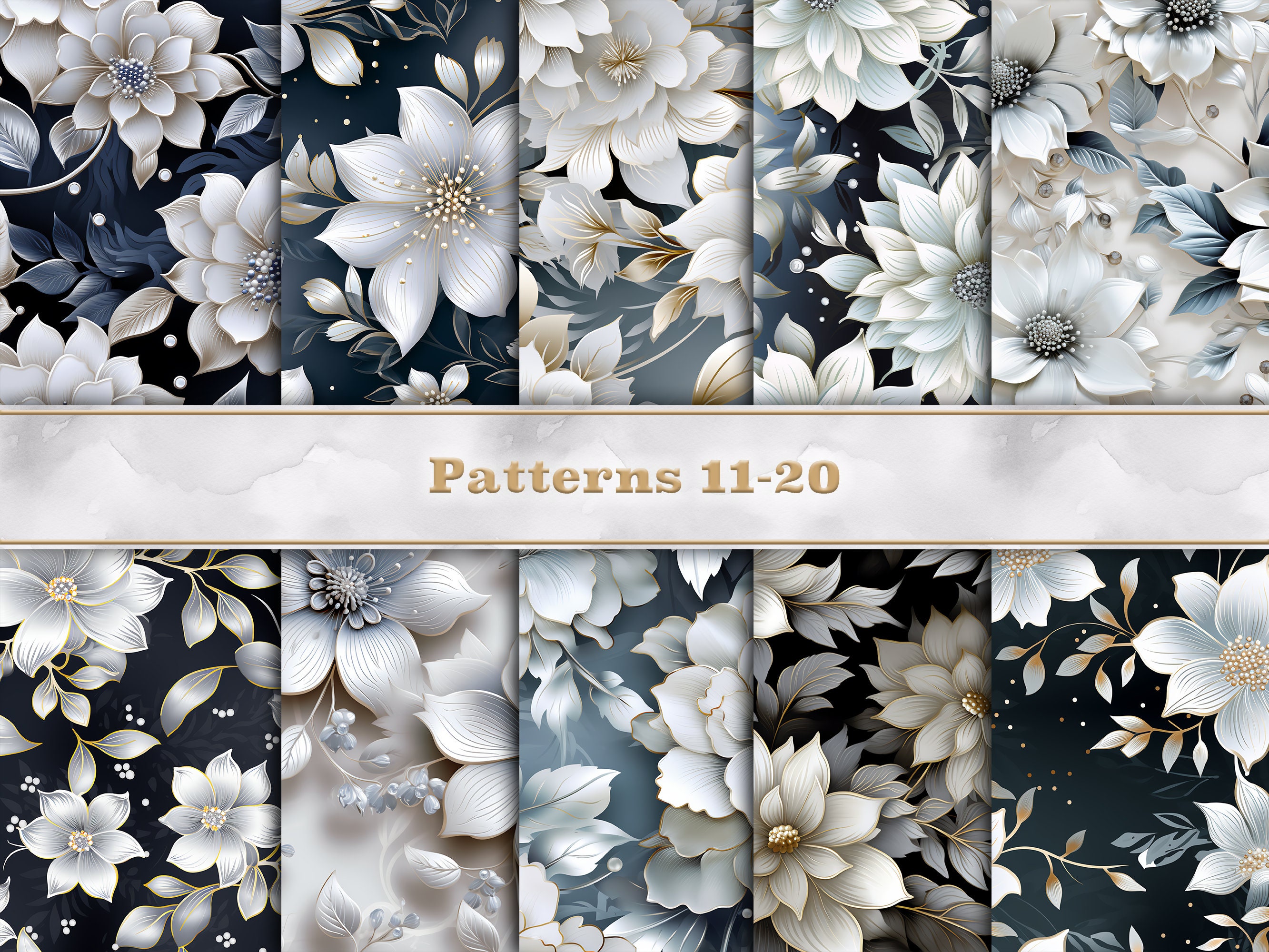 50 Silver Flowers Digital Paper SEAMLESS Pattern Prints for Personal ...