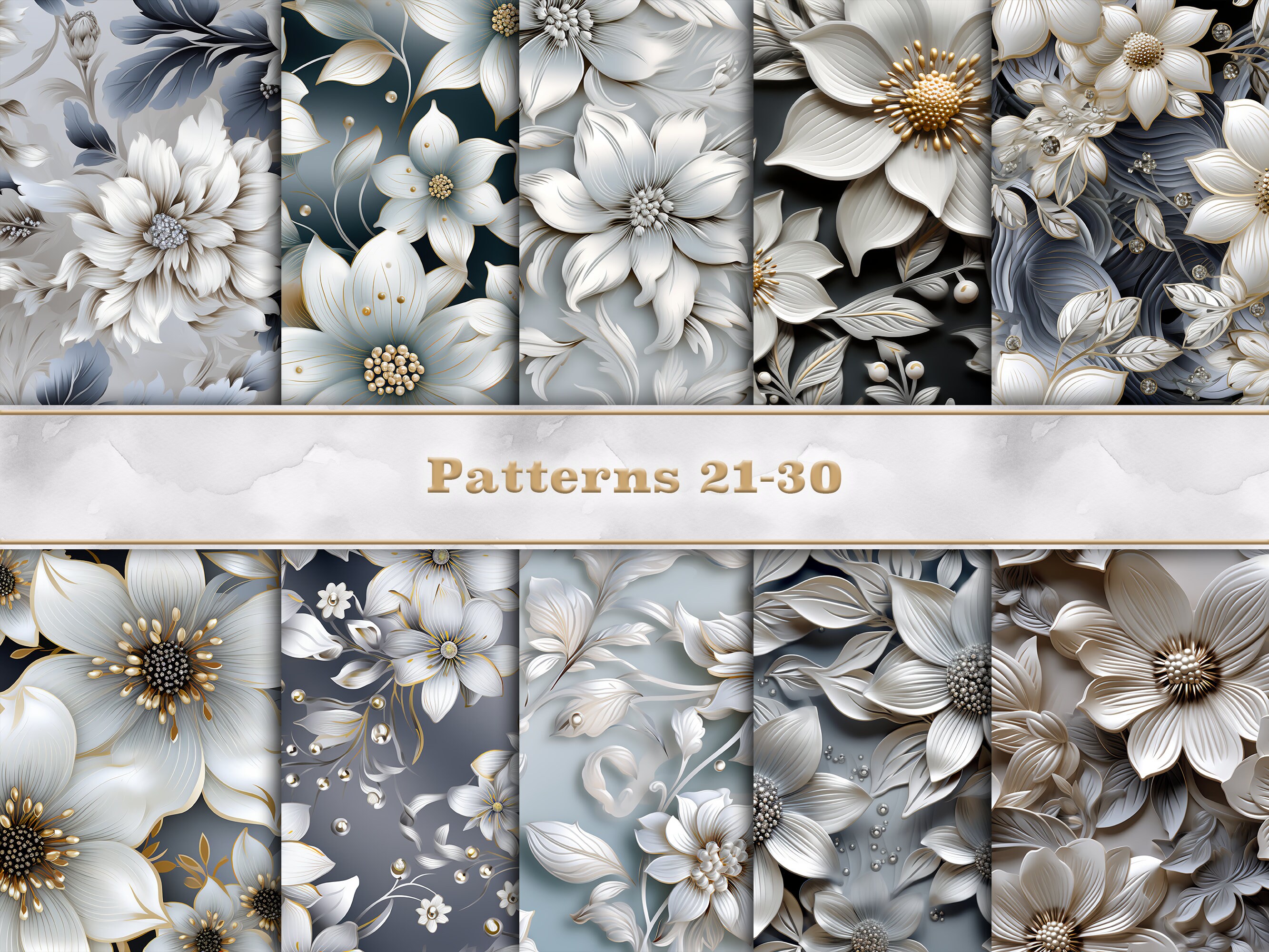 50 Silver Flowers Digital Paper SEAMLESS Pattern Prints for Personal ...