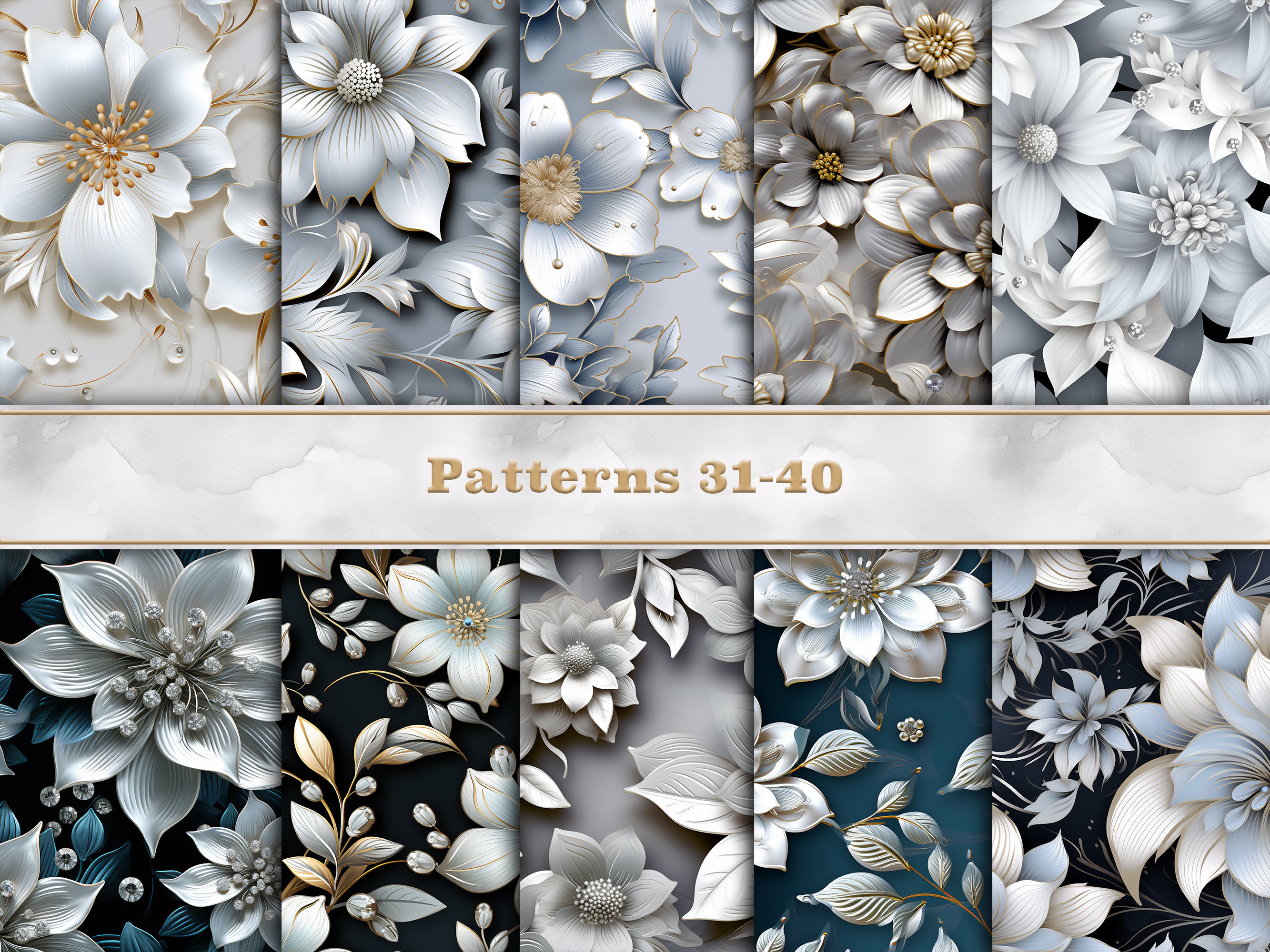 50 Silver Flowers Digital Paper SEAMLESS Pattern Prints for Personal ...