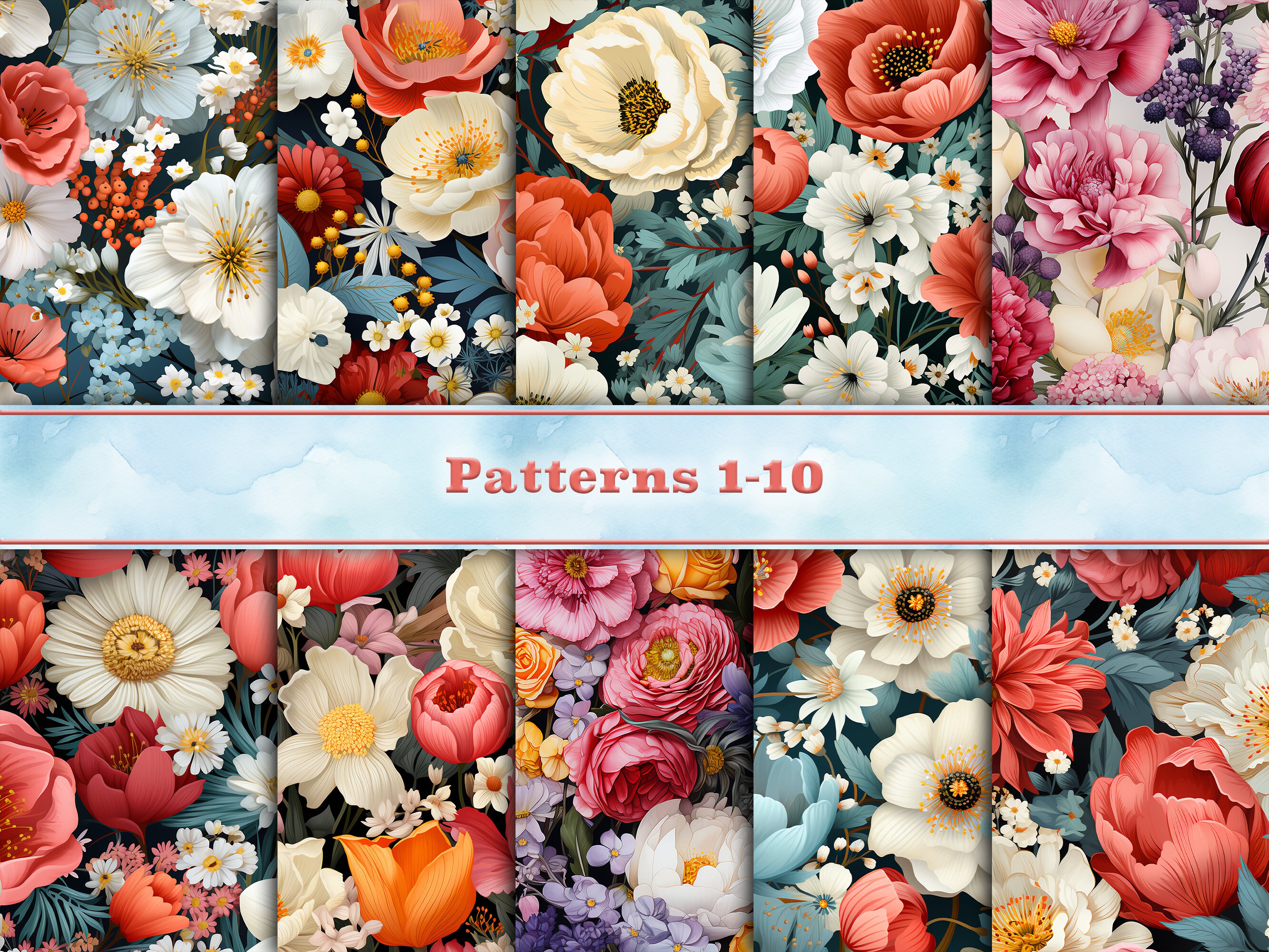 50 Flowers Digital Paper, Flowers Seamless Pattern, Floral Prints ...