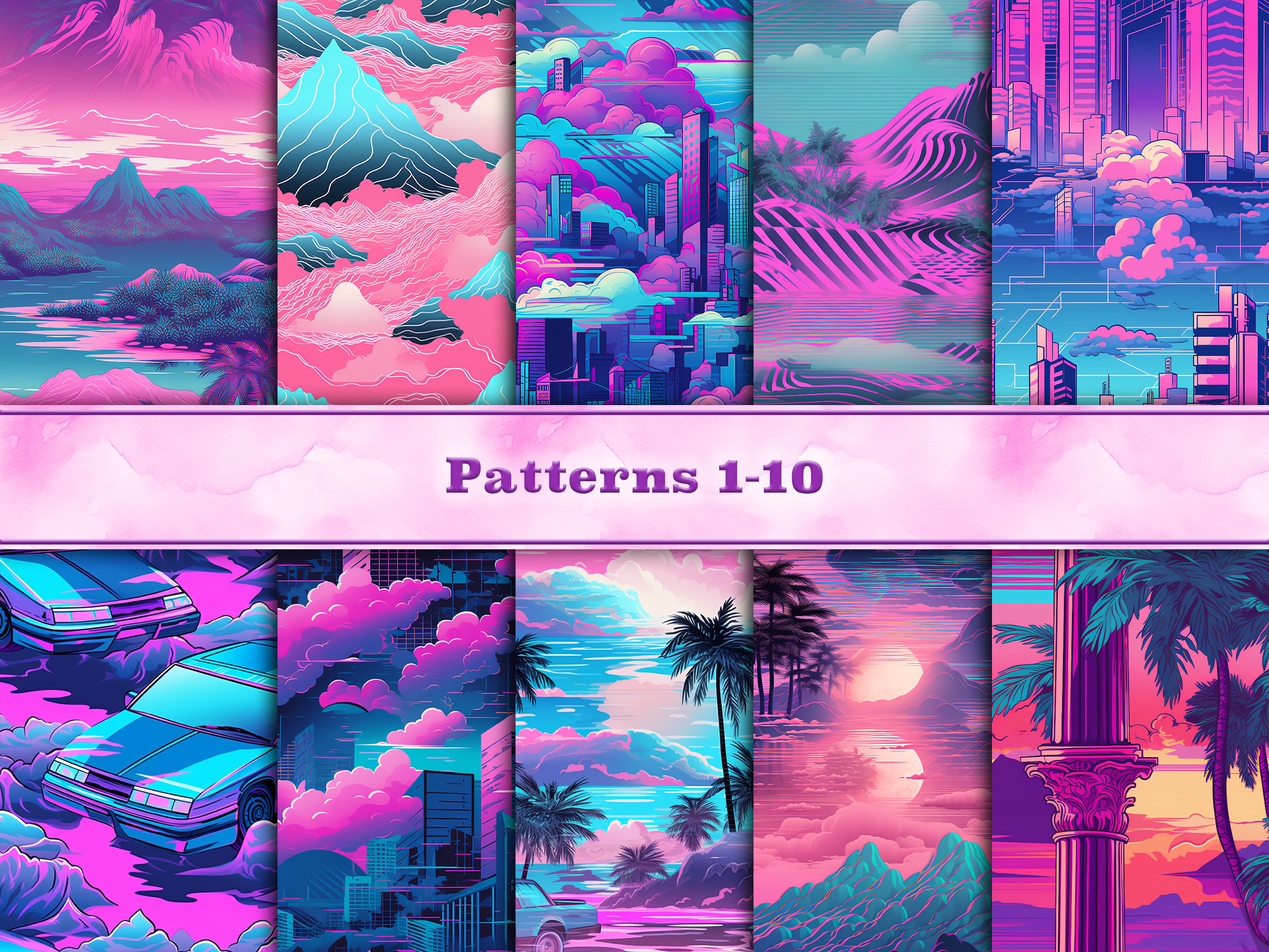 50 Vaporwave Digital Paper, Vaporwave Seamless Pattern, Neon Prints ...