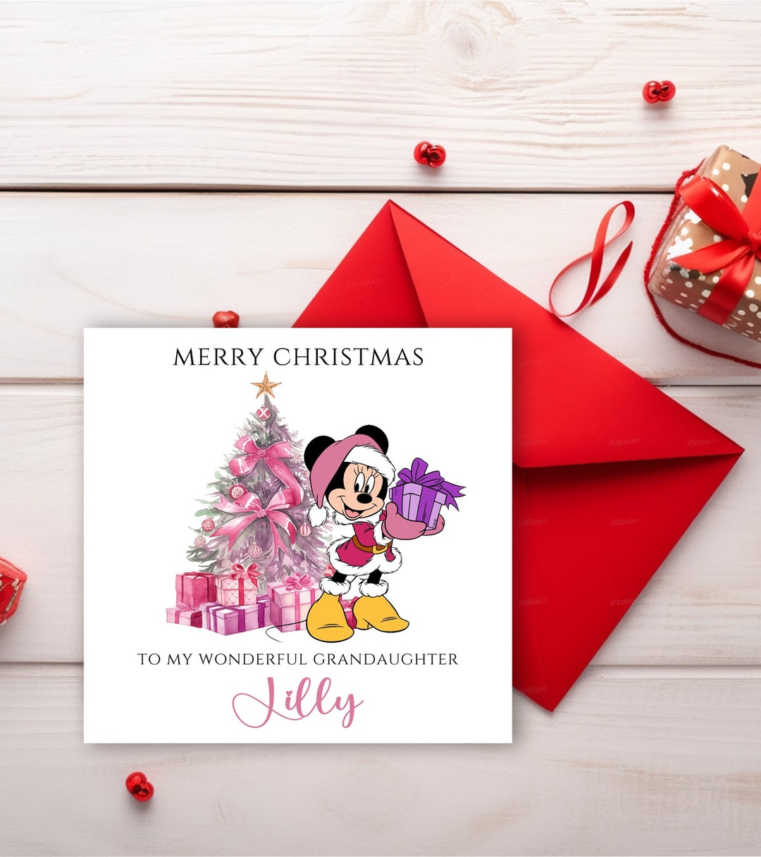 Personalised Pink Minnie Mouse Christmas Card - Etsy UK