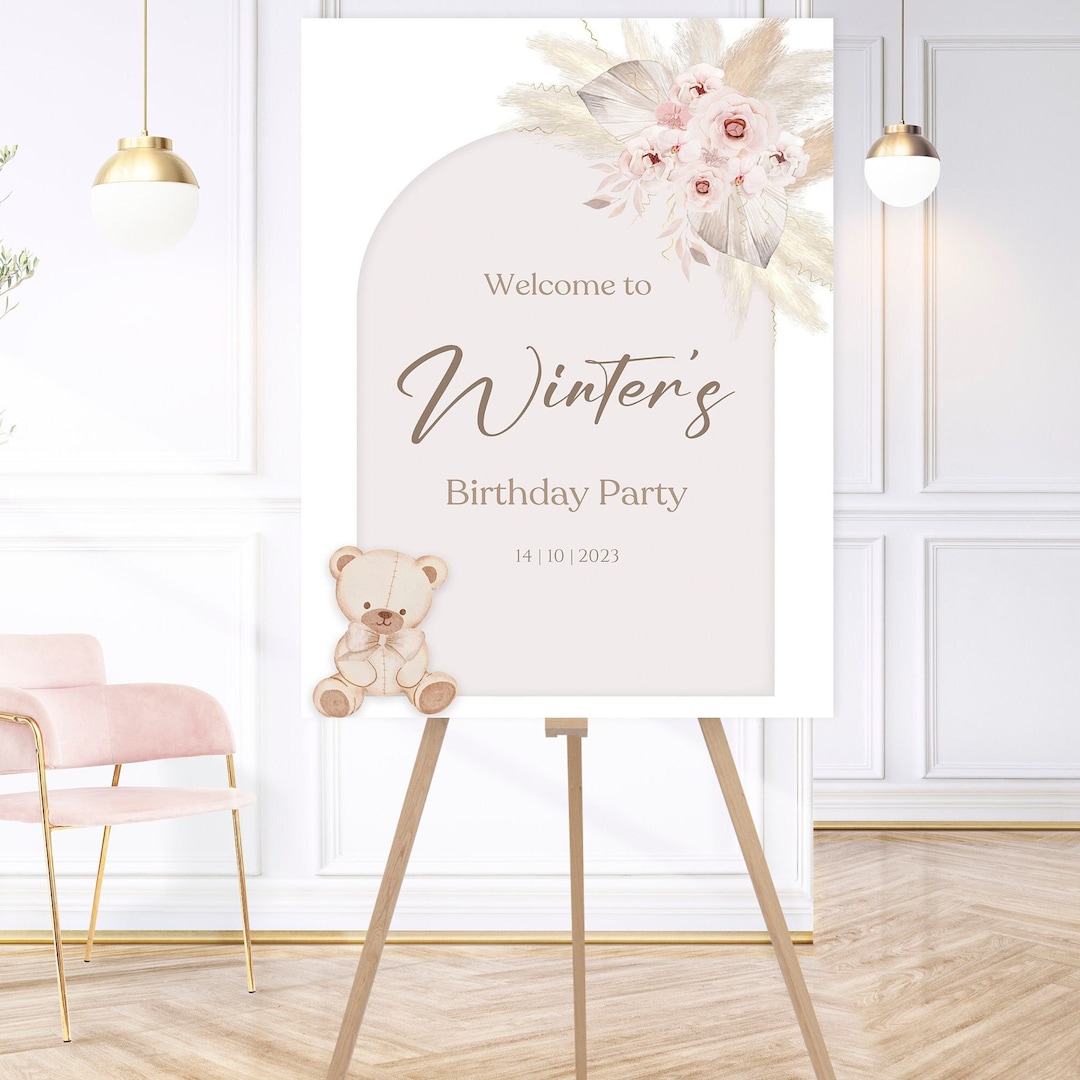 Personalised Teddy Bear Pampas Birthday Party Welcome Sign A2, A3 or A4 ...