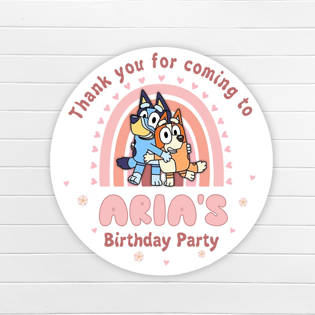 Personalised Pink Rainbow Bluey Birthday Party Thank You Stickers - Etsy