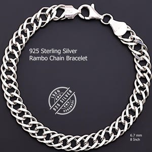925 Sterling Silver Rambo Chain Bracelet Men, Double Curb Solid Long ...