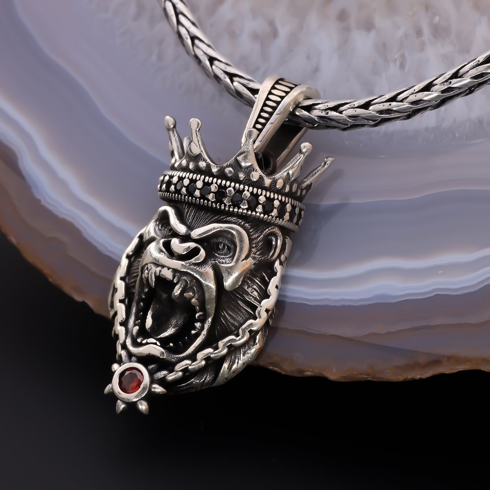 925 Sterling Silver King Crowned Gorilla Pendant Men, Angry Monkey Wild ...