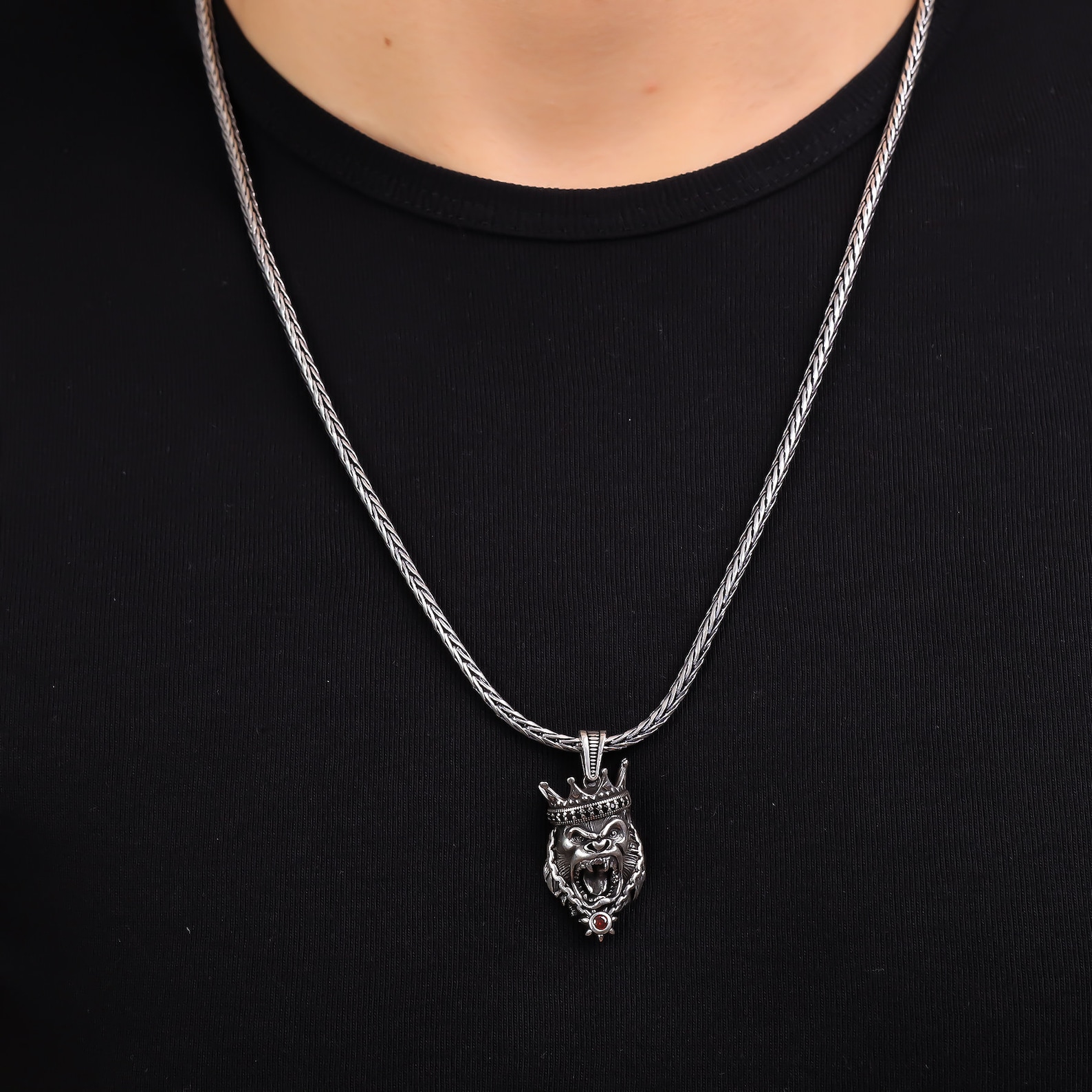 925 Sterling Silver King Crowned Gorilla Pendant Men, Angry Monkey Wild ...