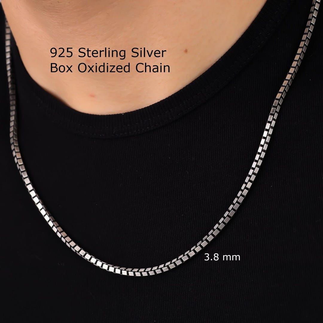 925 Sterling Silver Box Chain Necklace Men, Italian Square Box Oxidized ...