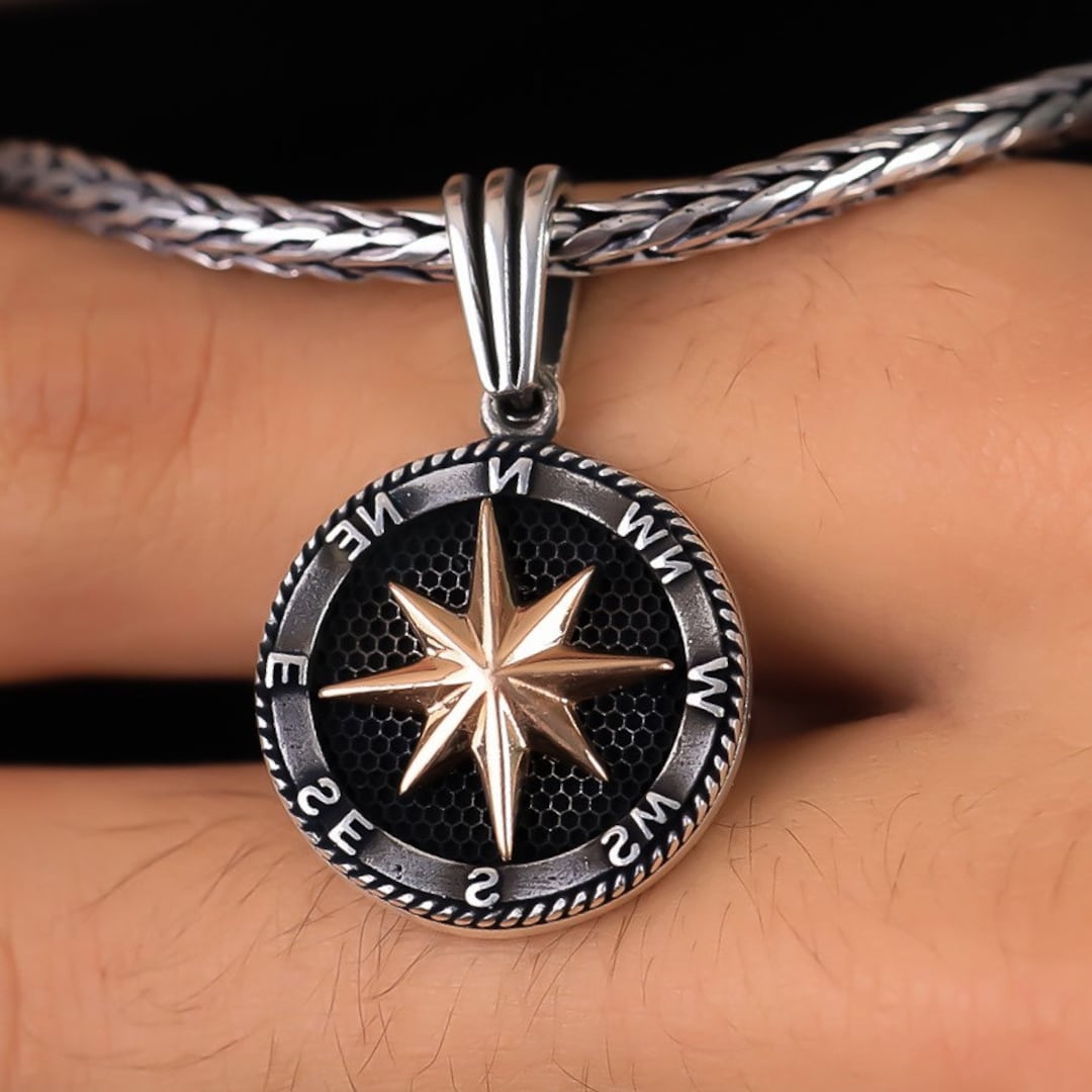 925 Sterling Silver Compass Pendant Men, Northstar Nautical Medallion ...