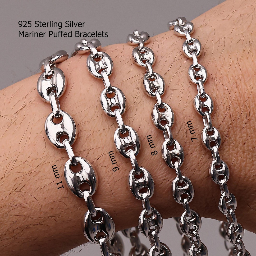 925 Sterling Silver Mariner Puffed Chain Bracelet Women, Italian Anchor ...