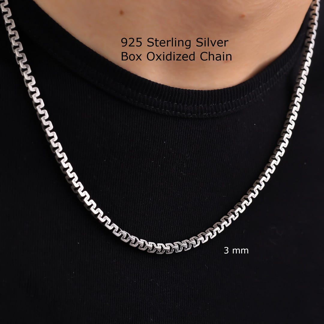 925 Sterling Silver Box Chain Necklace Men, Italian Square Box Oxidized ...