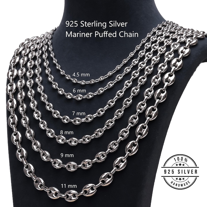 925 Sterling Silver Mariner Puffed Chain Necklace Women, Anchor Hollow ...