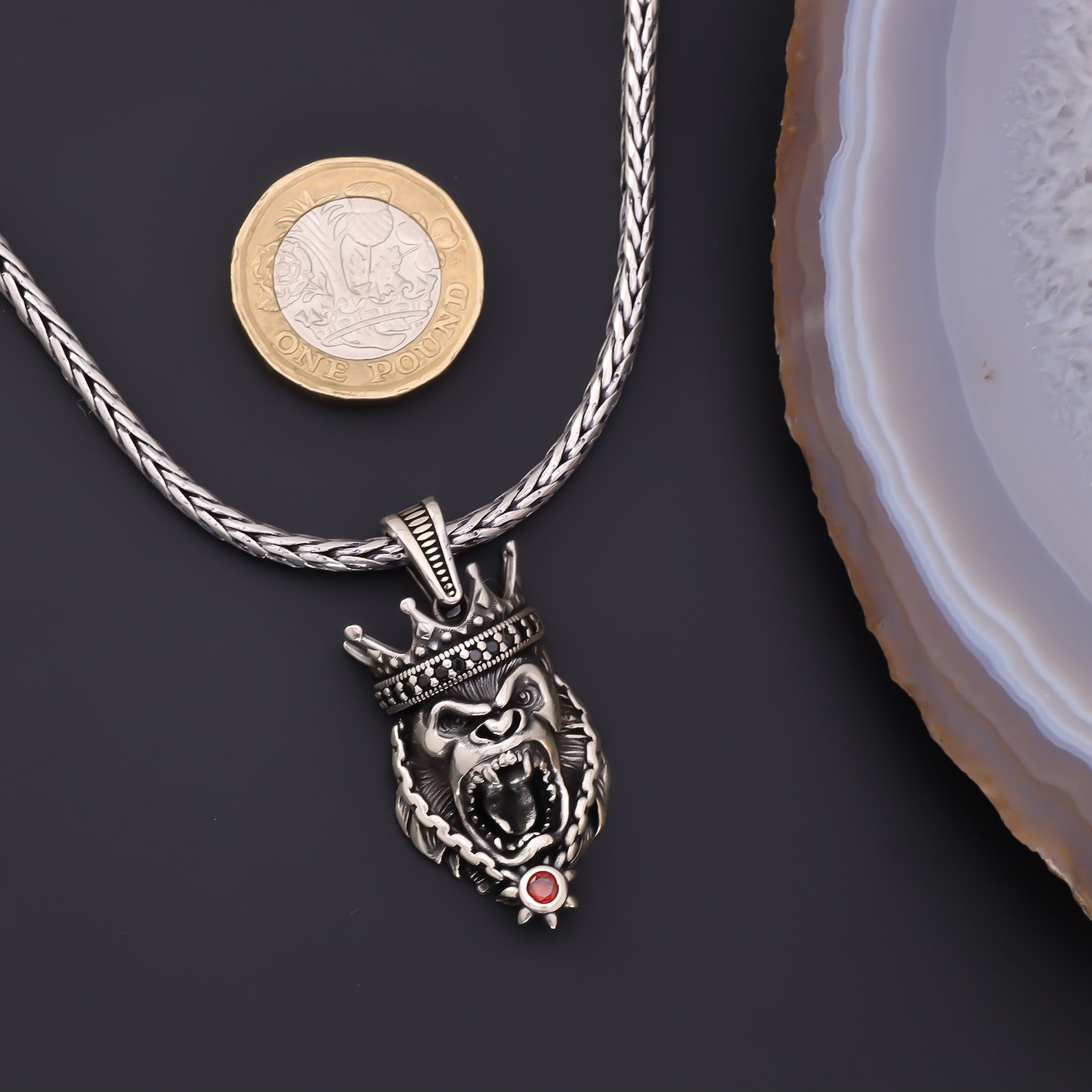 925 Sterling Silver King Crowned Gorilla Pendant Men, Angry Monkey Wild ...