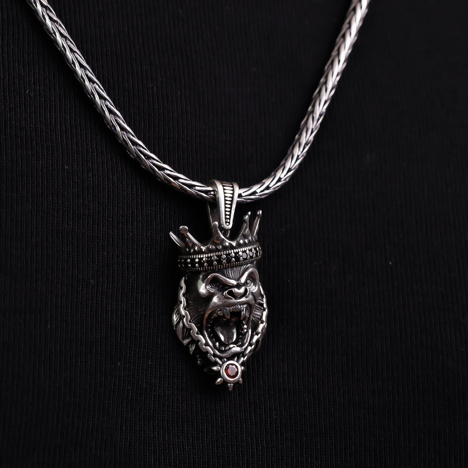 925 Sterling Silver King Crowned Gorilla Pendant Men, Angry Monkey Wild ...