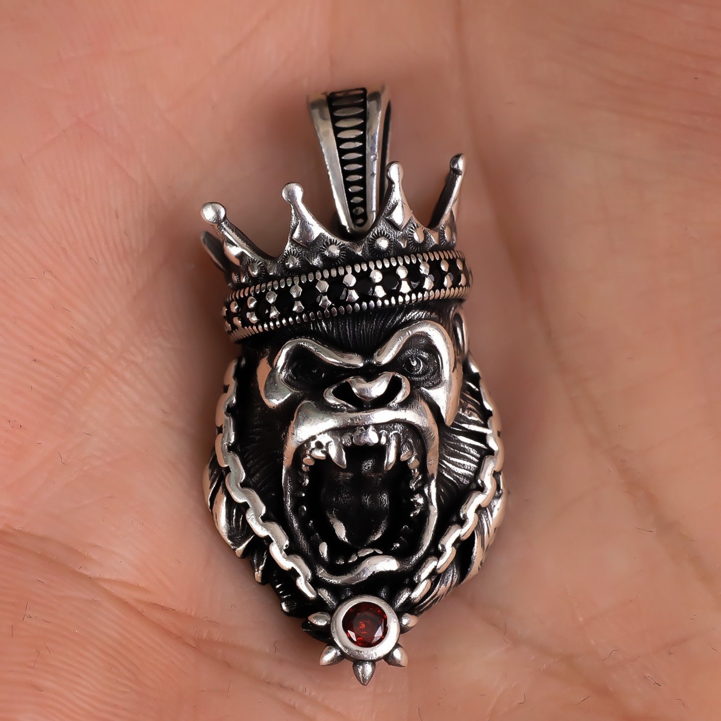 925 Sterling Silver King Crowned Gorilla Pendant Men, Angry Monkey Wild ...