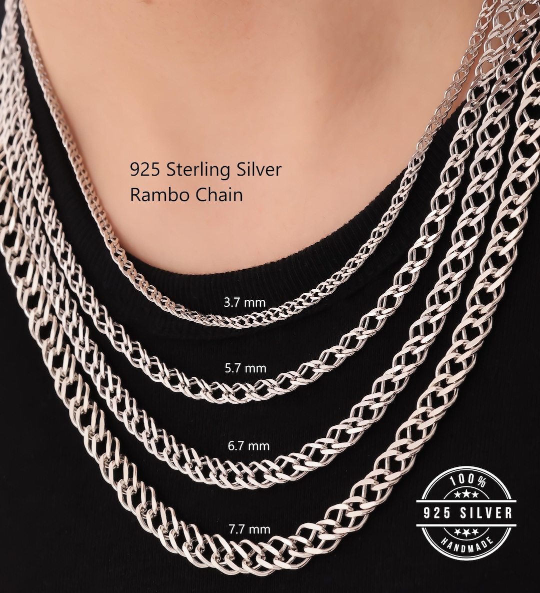 925 Sterling Silver Rambo Necklace Women, Italian Double Curb Chain Men ...