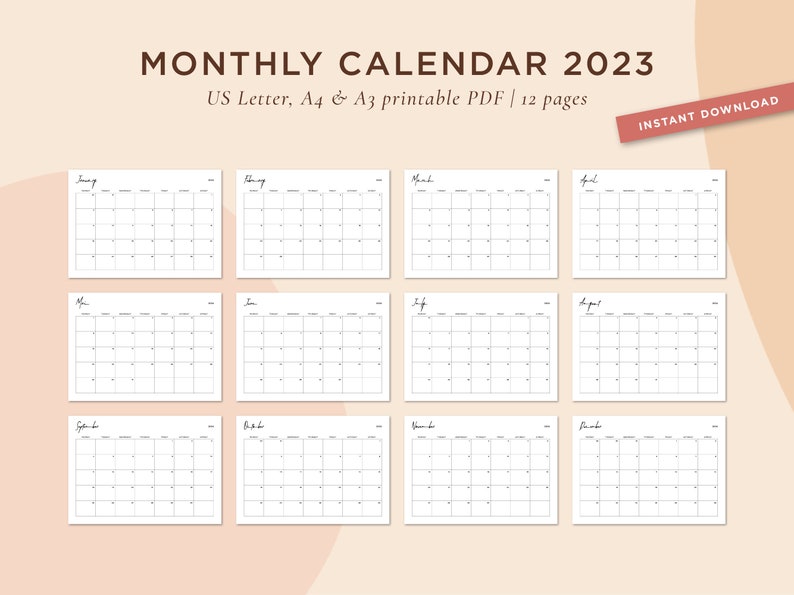 2023 Printable Monthly Calendar Landscape Print PDF Year - Etsy