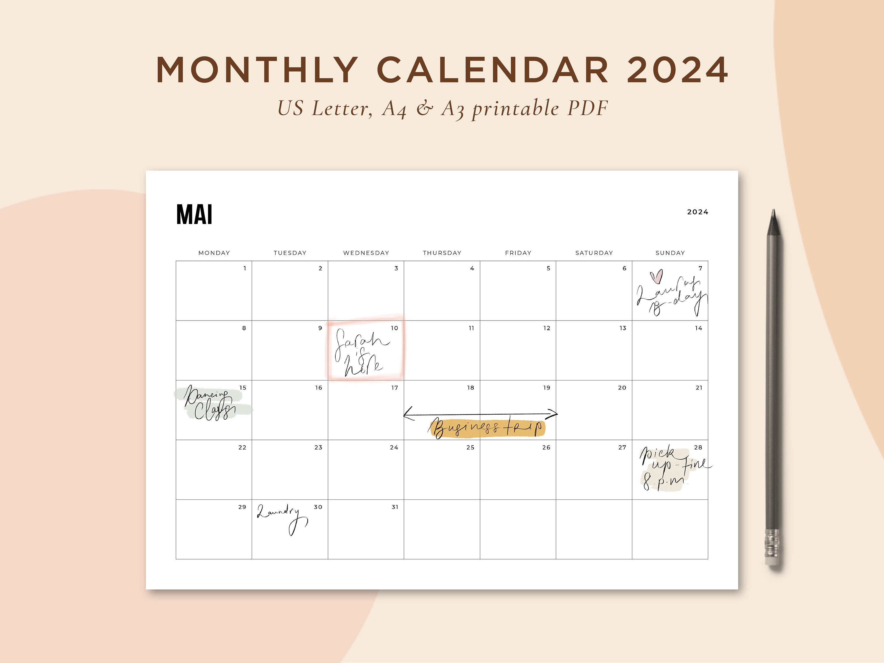 2024 Printable Monthly Planner Landscape, Printable PDF, Year Calendar ...