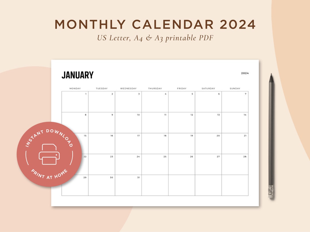 2024 Printable Monthly Planner Landscape, Printable PDF, Year Calendar ...