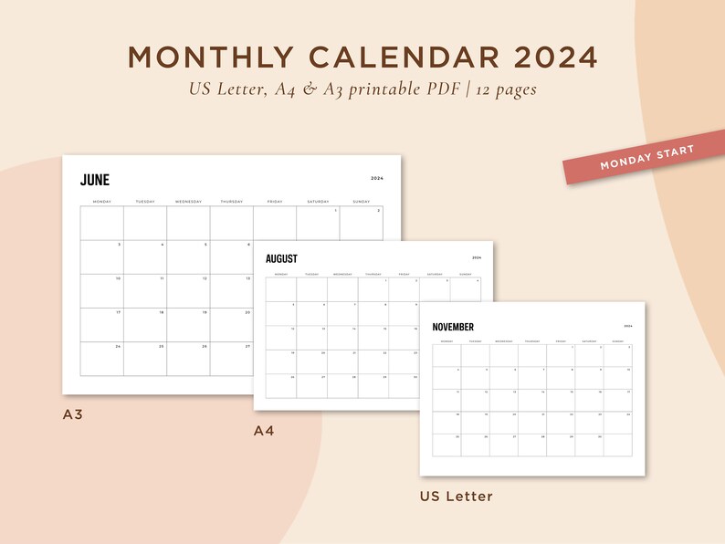 2024 Printable Monthly Planner Landscape, Printable PDF, Year Calendar ...