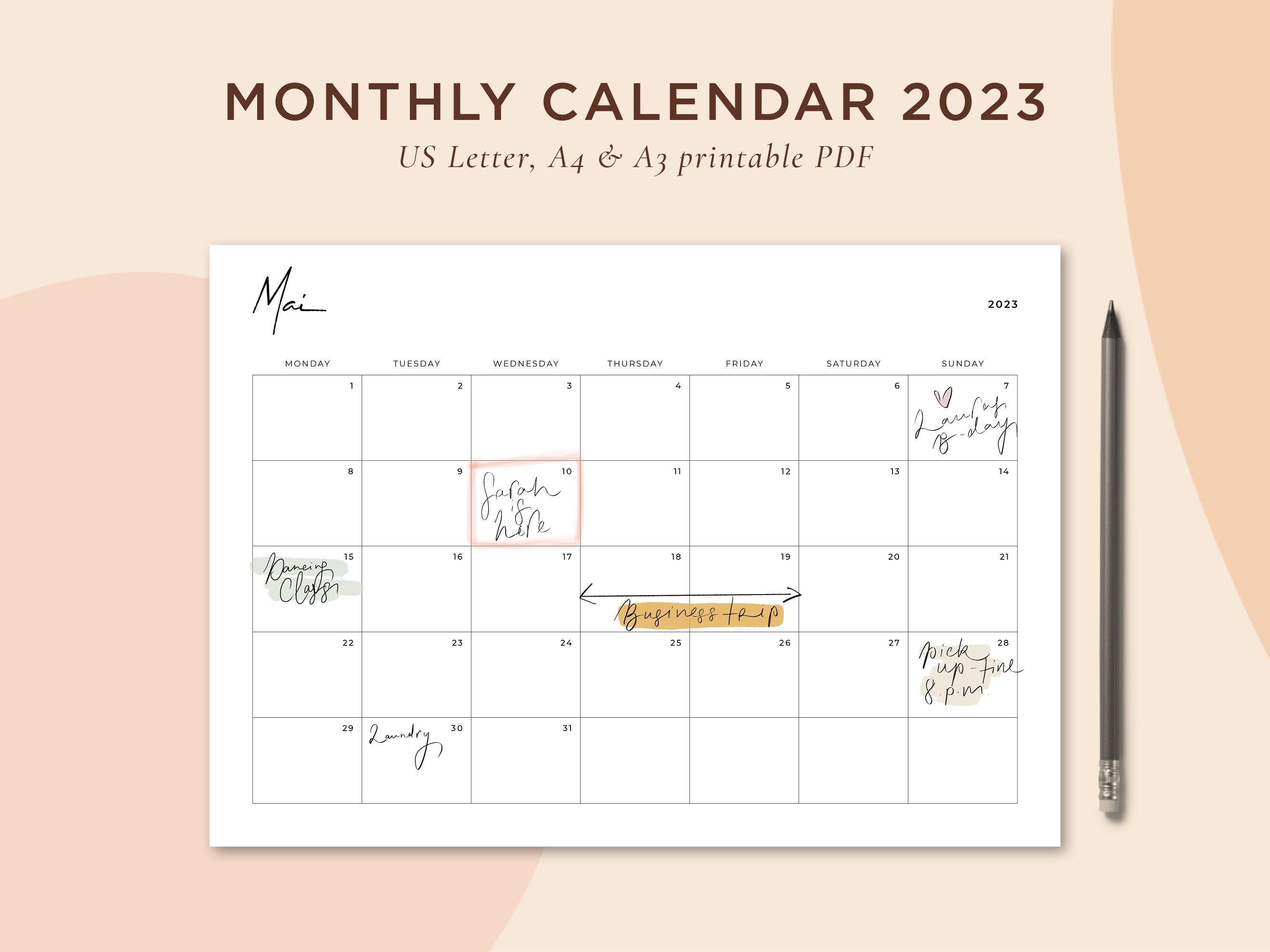 2023 Printable Monthly Calendar Landscape Print PDF Year - Etsy
