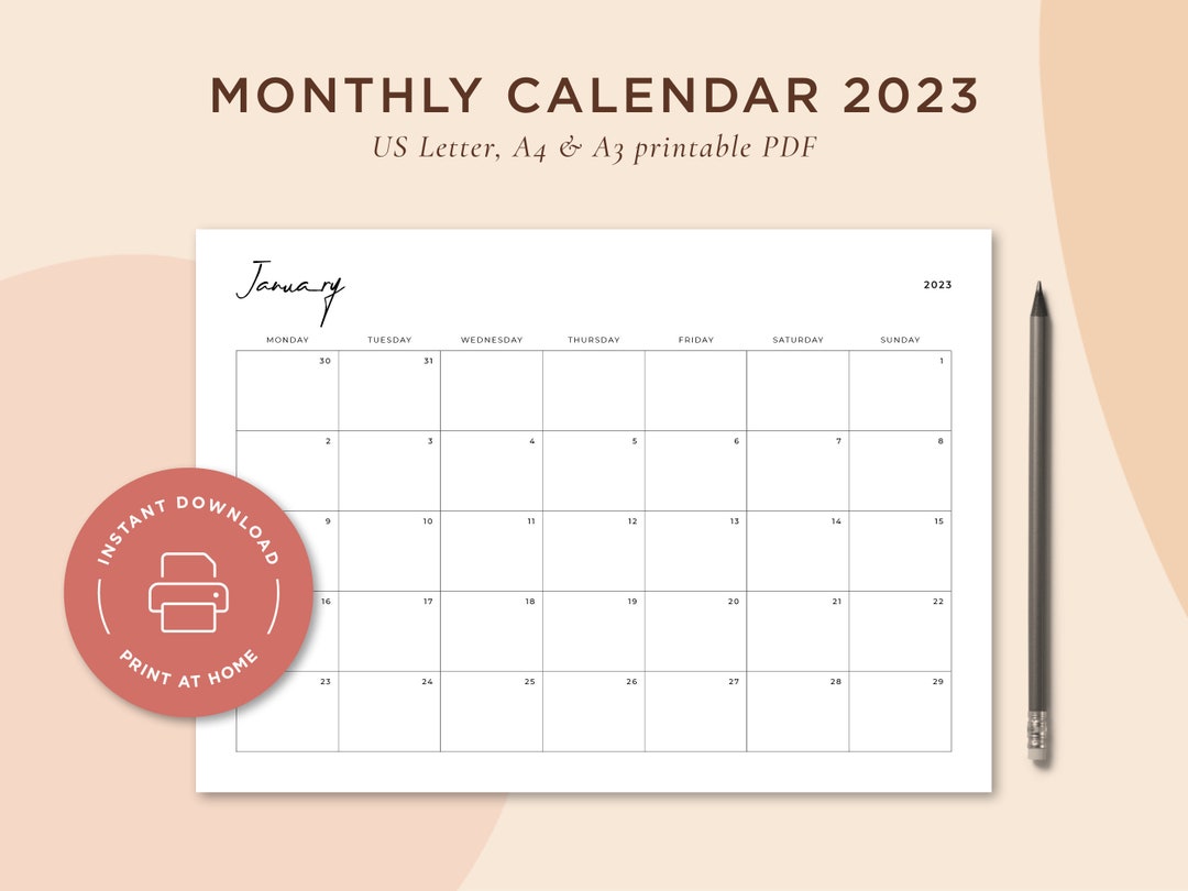 2023 Printable Monthly Calendar Landscape Print PDF Year - Etsy