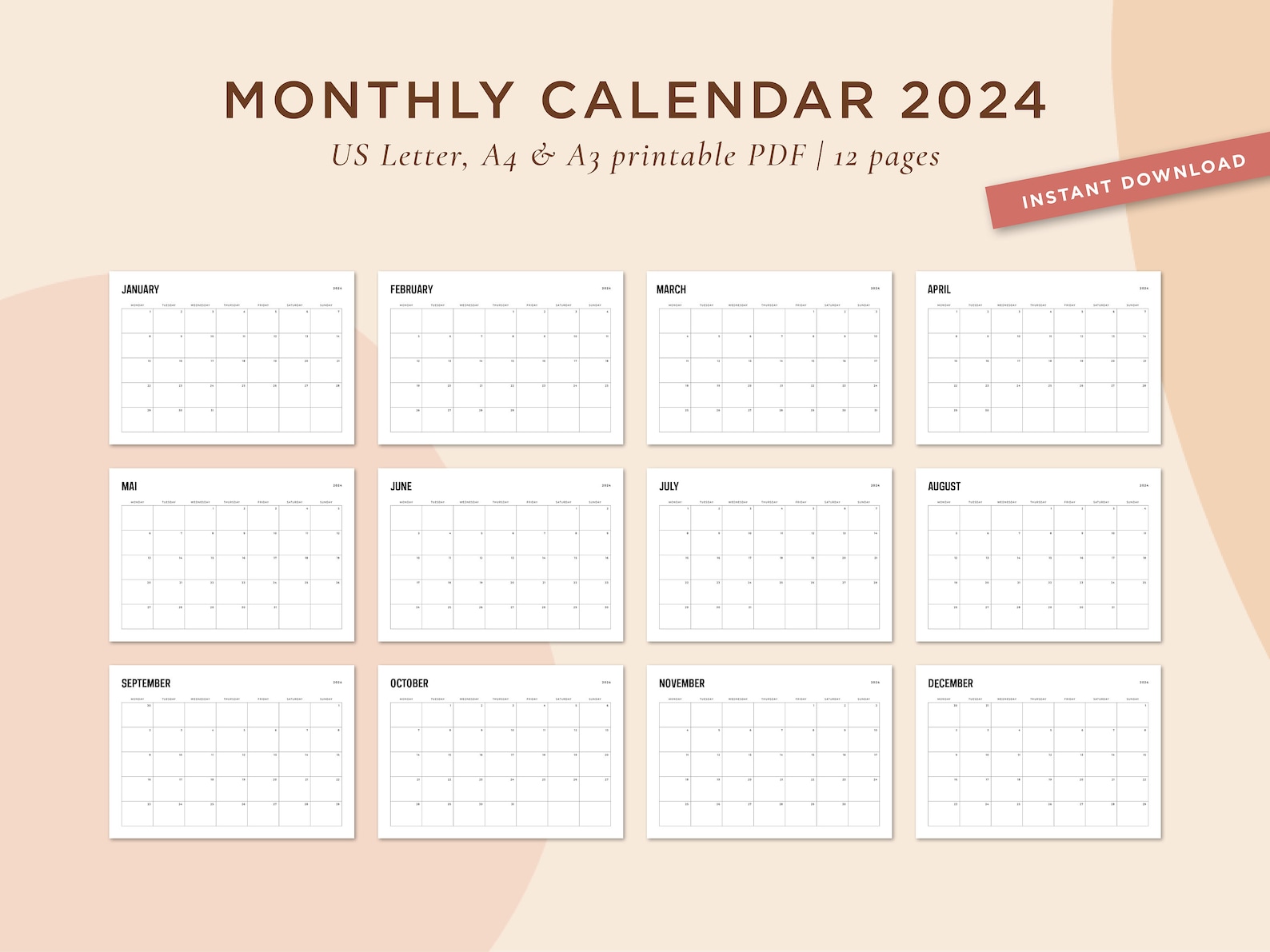 2024 Printable Monthly Planner Landscape, Printable PDF, Year Calendar ...