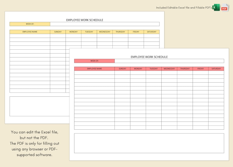 Employee Work Schedule: Fillable Pdf's and Excel Spreadsheet Template ...