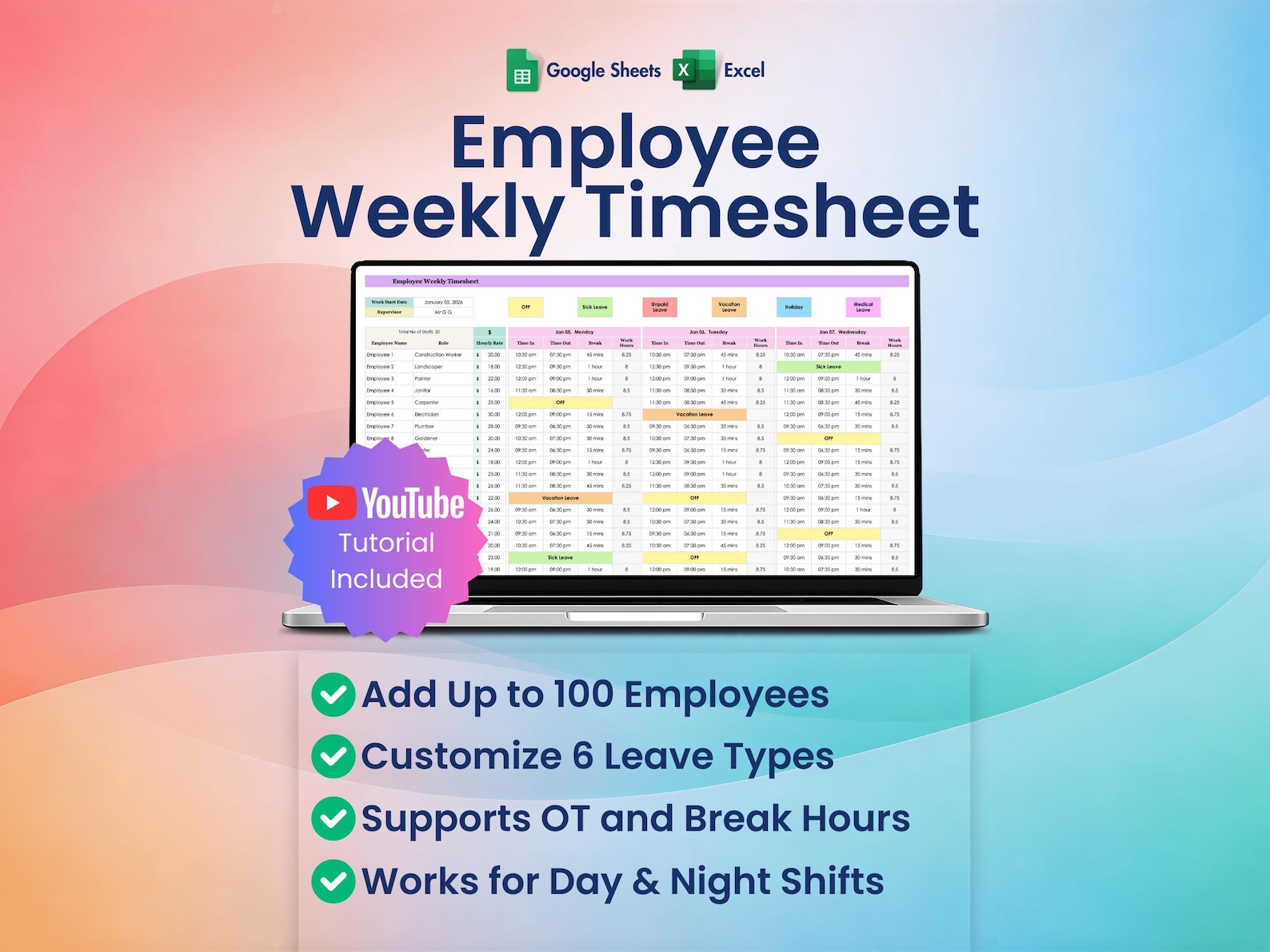 Employee Weekly Timesheet Excel, Google Sheets, Hourly Rate, Break ...