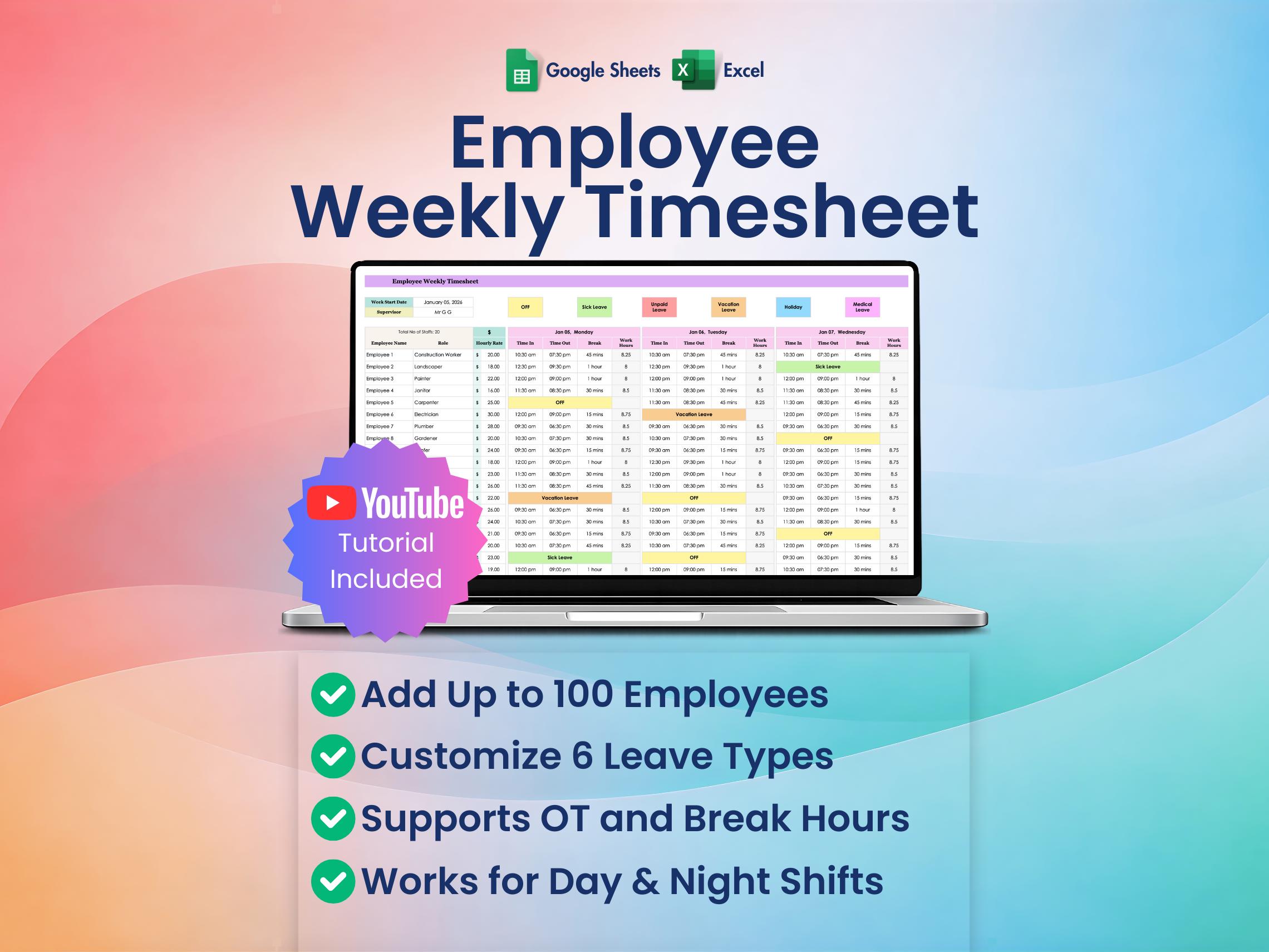 Employee Weekly Timesheet Excel, Google Sheets, Hourly Rate, Break ...