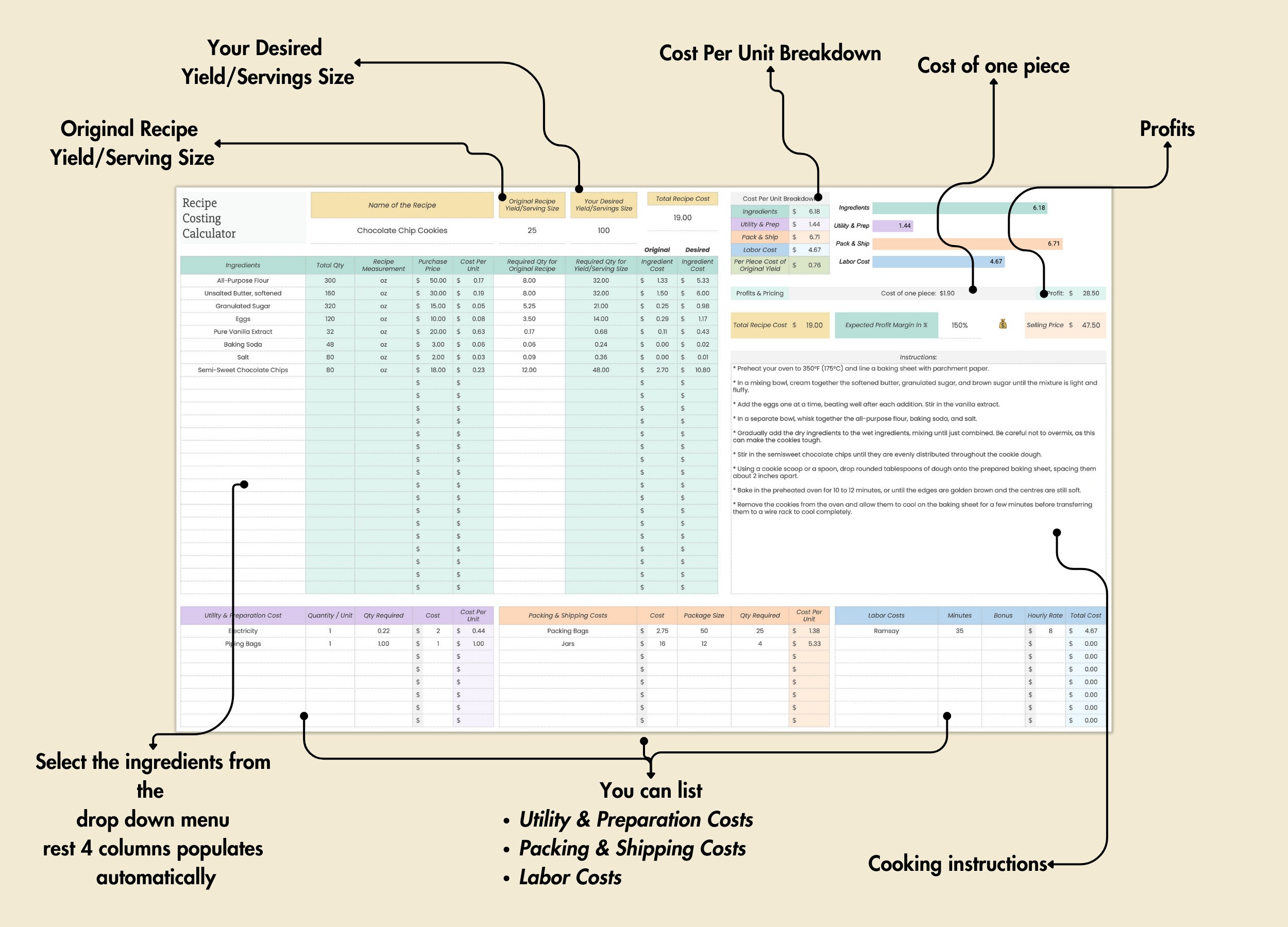 Recipe Cost Calculator for Excel and Google Sheets | Food Menu Pricing ...