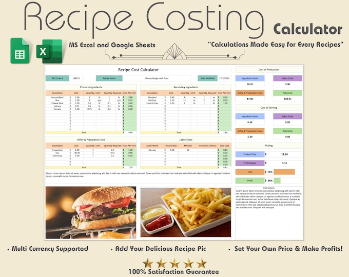 Food Cost Calculator Excel Template: Recipe Costing & Menu Pricing ...