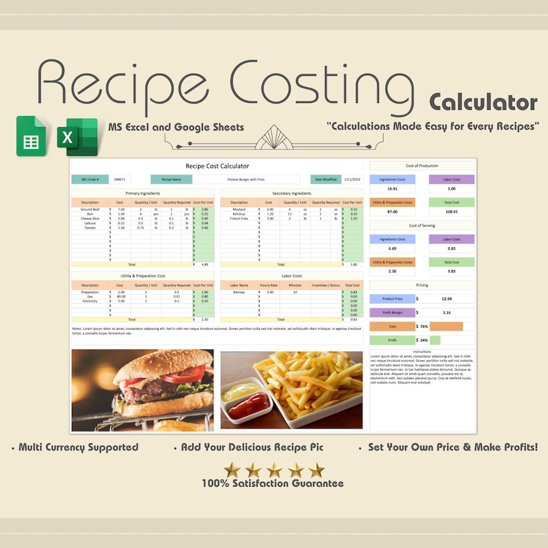 Recipe Cost Calculator for Excel and Google Sheets | Baking Menu ...